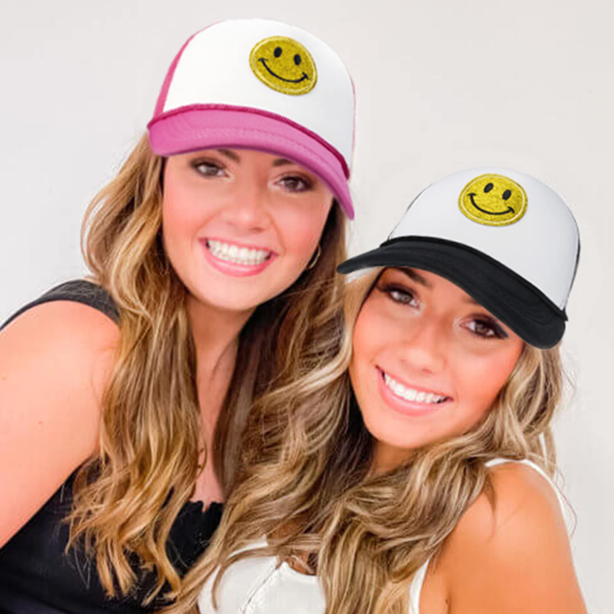 IZUS Women Preppy Trucker Hats,Teen Crown-Foam Mesh-Back Baseball Cap,Men Smiley-Face Adjustable Snapback Dad Hat 22"