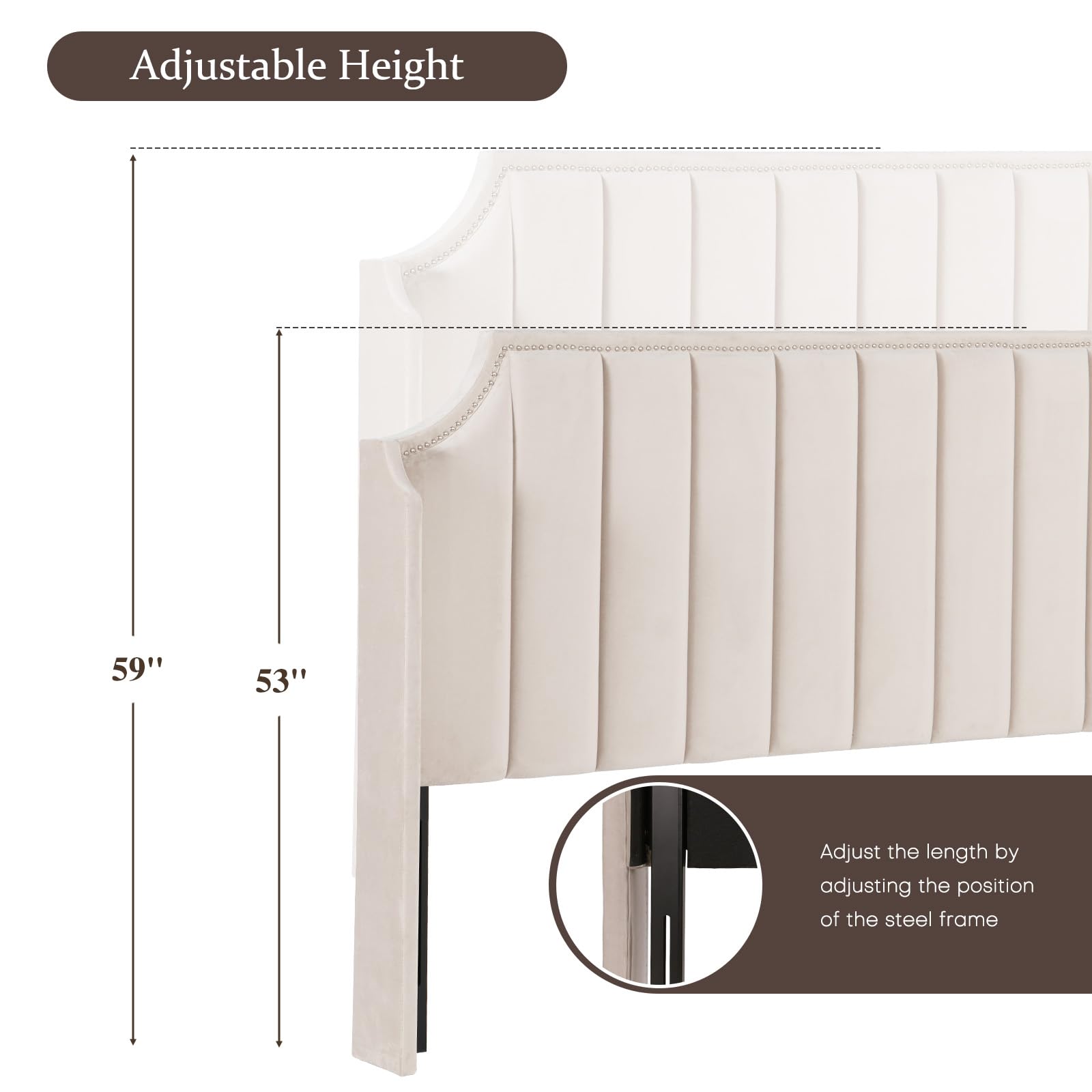 Lucky Monet Mid Century Headboard with Wingback for Queen Size Bed, Velvet Upholstered Tufted Bed Headboard with Nailhead Decor, Adjustable Height Curved Head Board Vertical Channel Design (Beige)