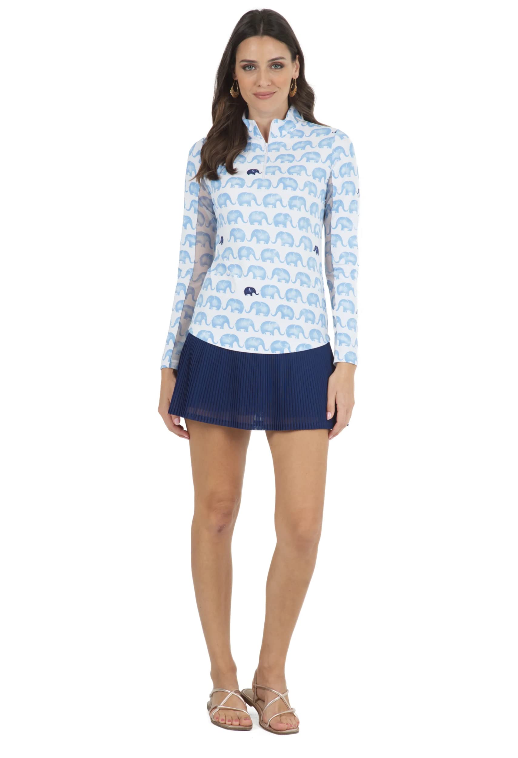 IBKUL Athleisure Wear Sun Protective UPF 50+ Icefil Cooling Tech Velma Print Long Sleeve Mock Neck Top – 10382 Peri/Navy Velma L