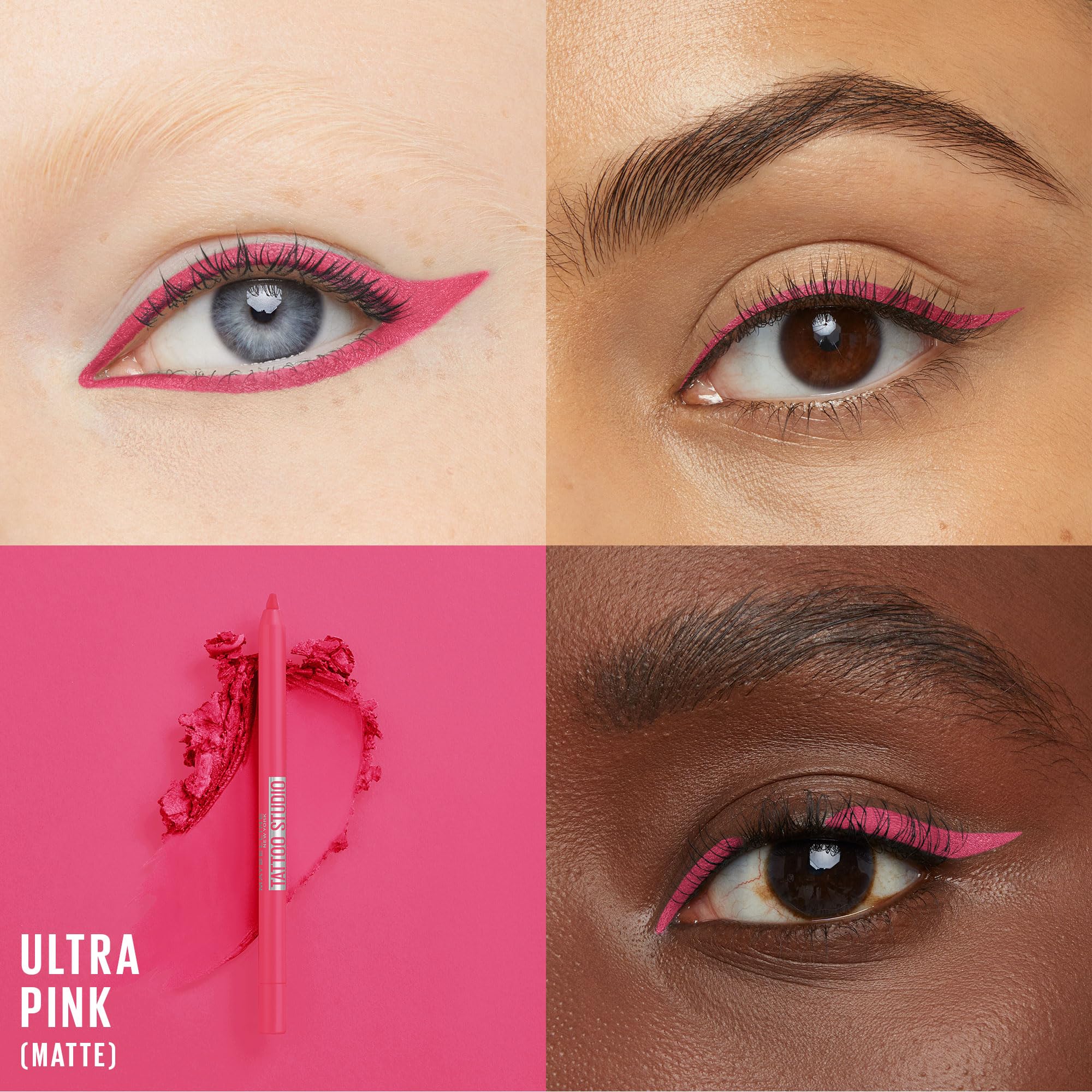 MAYBELLINE New York Tattoo Studio Long-Lasting Sharpenable Eyeliner Pencil, Glide on Smooth Gel Pigments with 36 Hour Wear, Waterproof Ultra Pink 0.04 oz