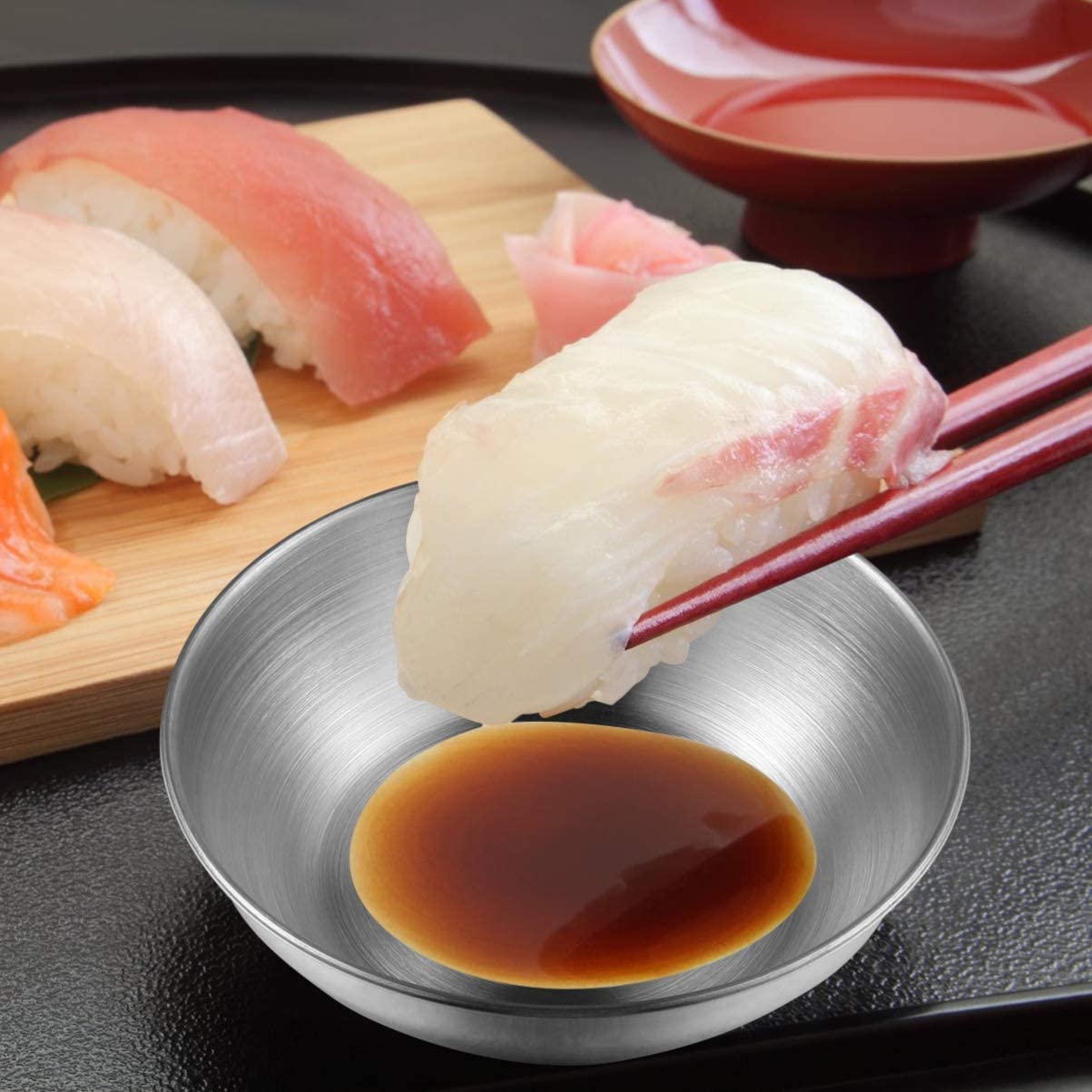Jasni 6PCs Stainless Steel Sauce Dishes Condiment Sauce Cups Seasoning Dishes Dip Bowls Serving Dishes Sushi Soy Dishes Silvery