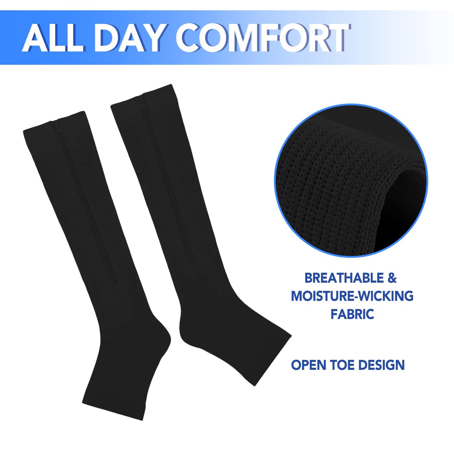 Iseasoo Zipper Compression Socks -Calf Knee High Closed Toe Compression Stocking (BLACK,Large-X-Large)