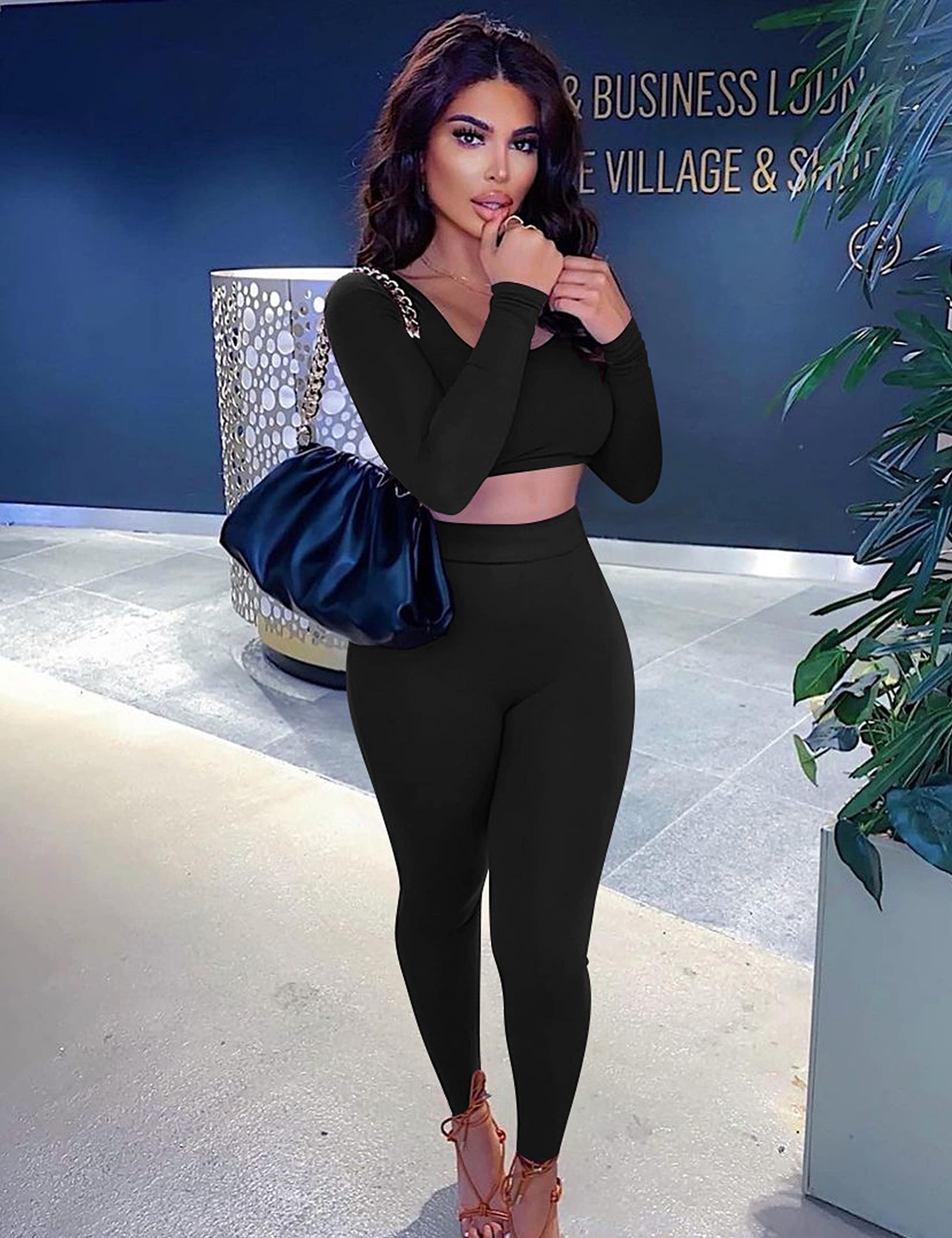 Kaximil Women's Workout Tracksuit 2 Piece Outfits Long Sleeve Crop Top Legging Pants Matching Sets, Medium, Black