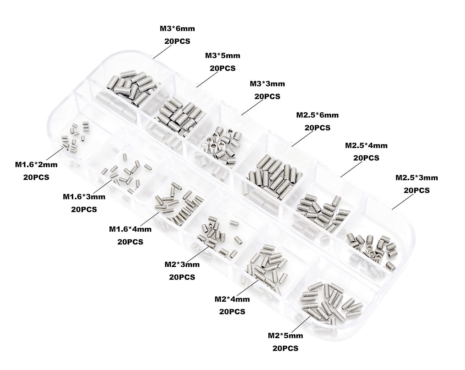 MCMASKE Metric M1.6 M2 M2.5 M3 Stainless Steel Internal Hex Drive Cup-Point Set Screws Assortment Kit