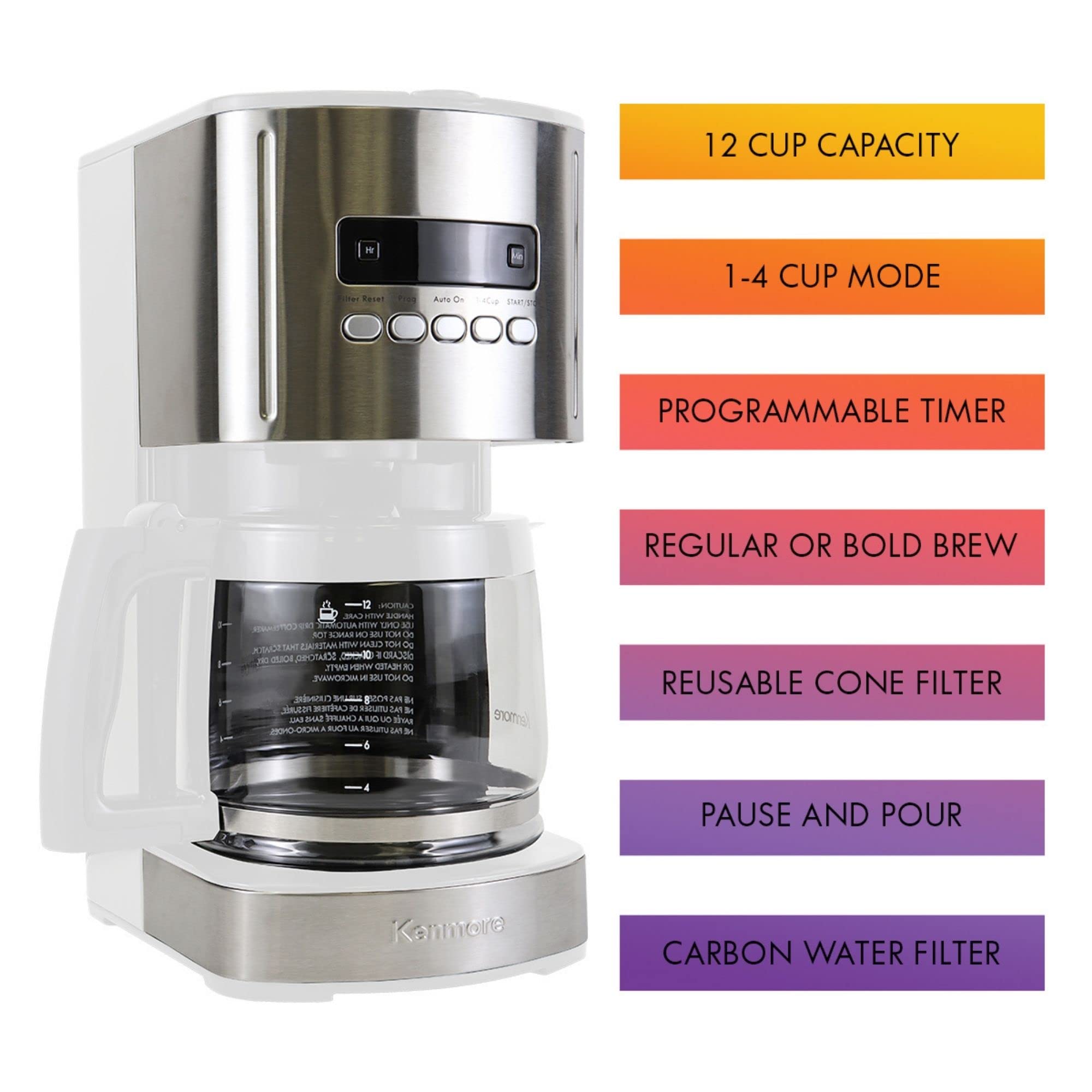 Kenmore Coffee Maker 12 cup Drip Coffee Machine Programmable Aroma Control Glass Carafe Reusable Filter Timer Digital Display Charcoal Water Filter Regular Bold Stainless Steel and White