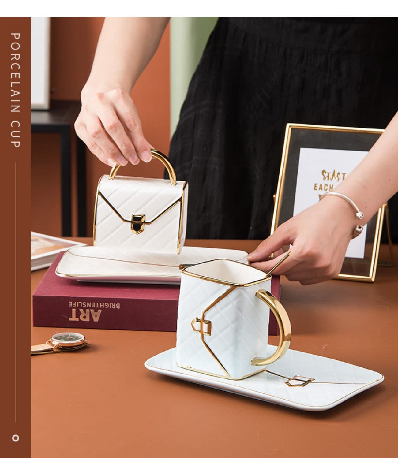 LmlJoo Creative and Adorable Handbag-Shaped Mug with Saucer Cup and Golden Spoon for Enjoying Tea, Juice, Milk, Hot Chocolate or Cappuccino (Blue)
