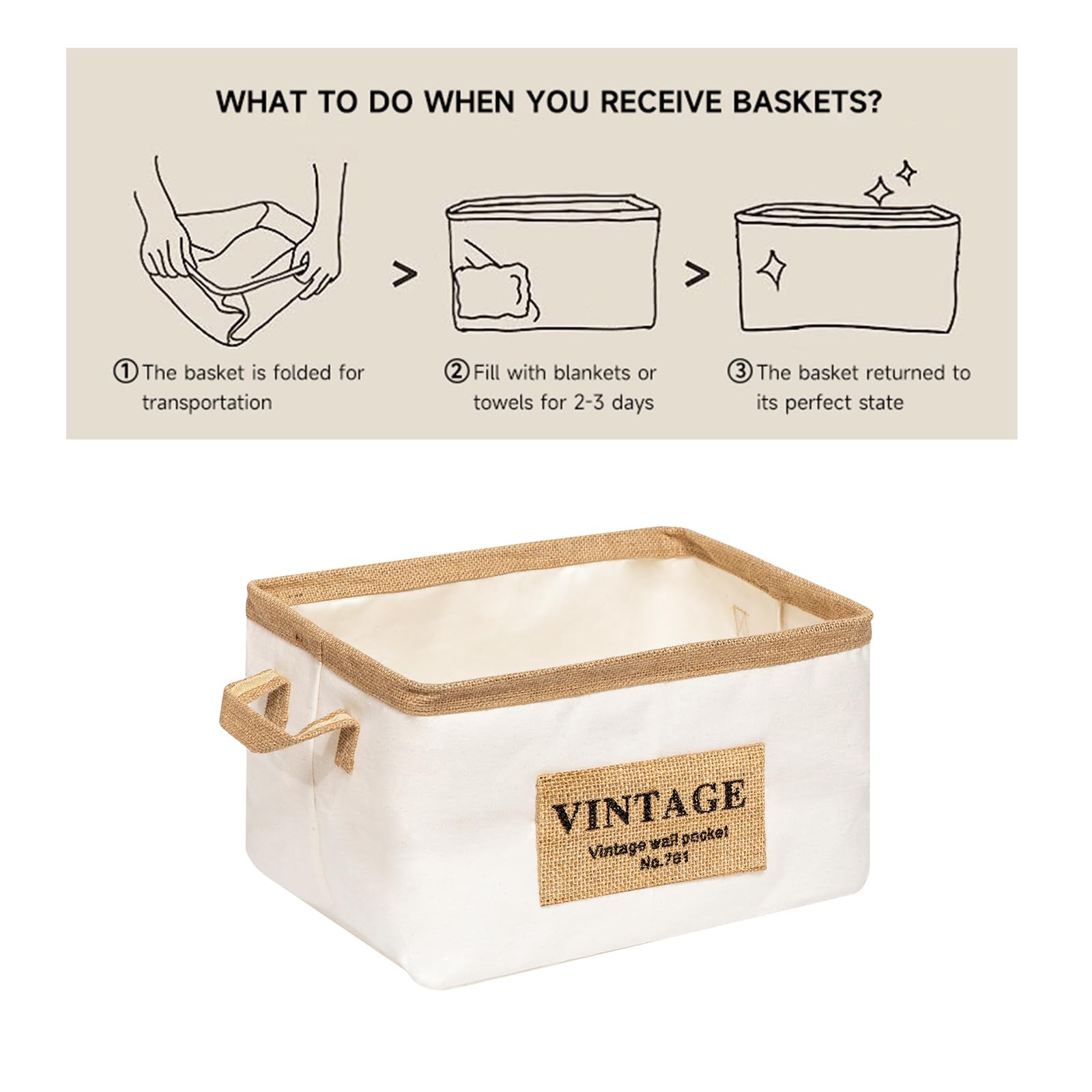 LUFOFOX 3-Pack Storage Baskets for Organizing,Jute Woven Handles Baskets Decorative Small Baskets,Fabric Baskets for Shelf Closet,White,10.6"*8.7"*6.3" (Small)