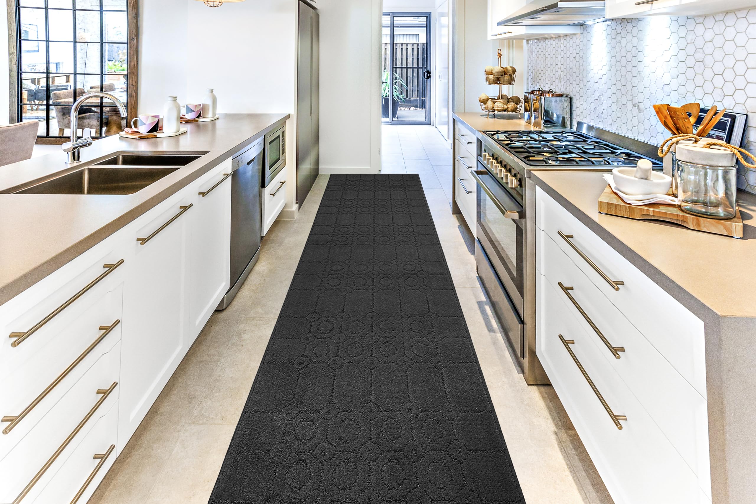 Kitchen Mat,Non Skid Washable Carpet Runner Rug for Narrow Galley Peninsula U L Shaped Small Kitchen Floor, Tribal Mayan Style 24.5 in x 5 ft