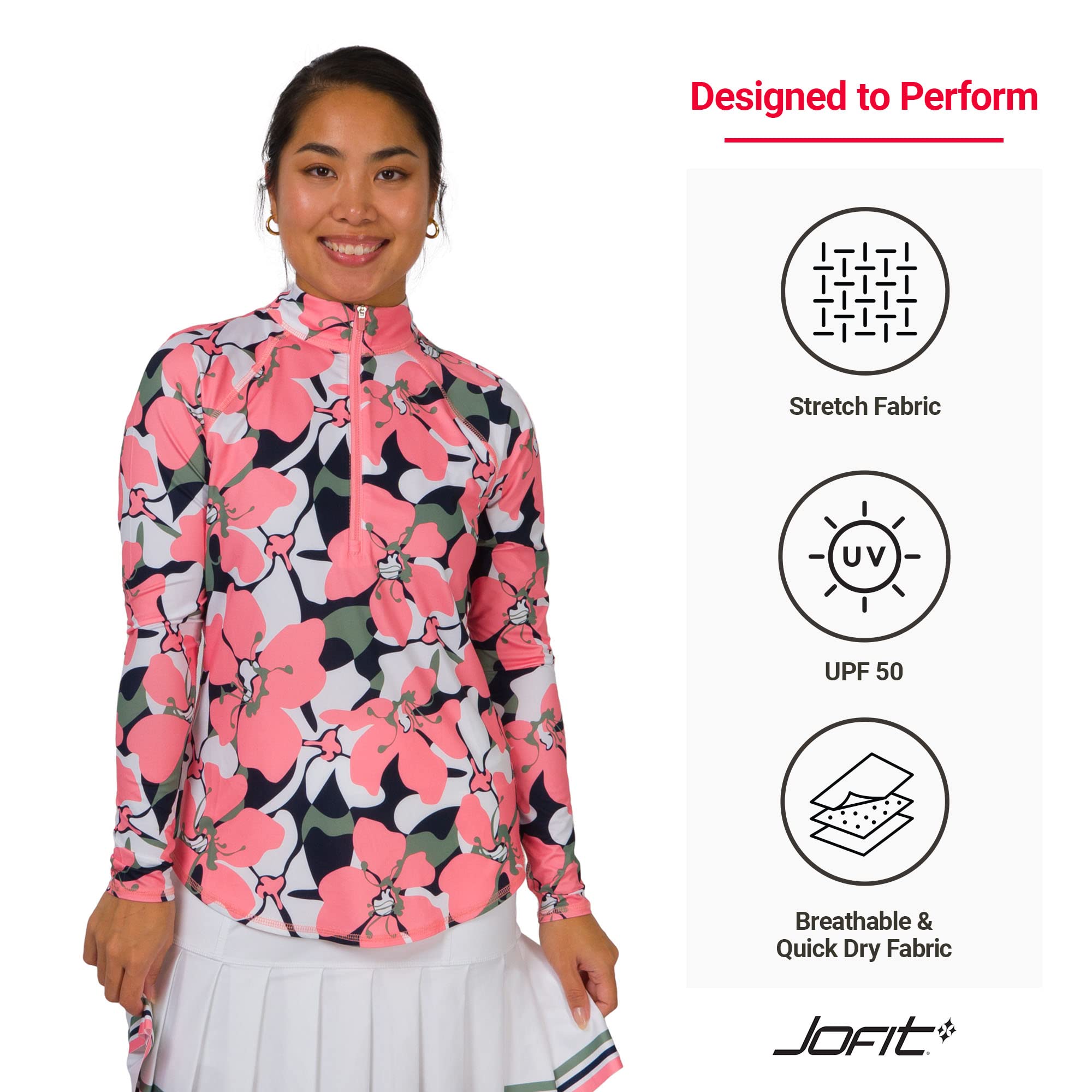 Jofit Apparel Women's Athletic Clothing UV Mock for Golf & Tennis, Size XX-Large, Vibrant Floral