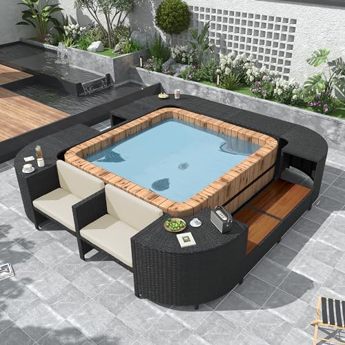 LOUHME c - Outdoor Rattan Sectional Sofa Set with Mini Couch, Patio Conversation Set Featuring Wooden Seats and Storage Spaces, for Garden and Poolside, Beige