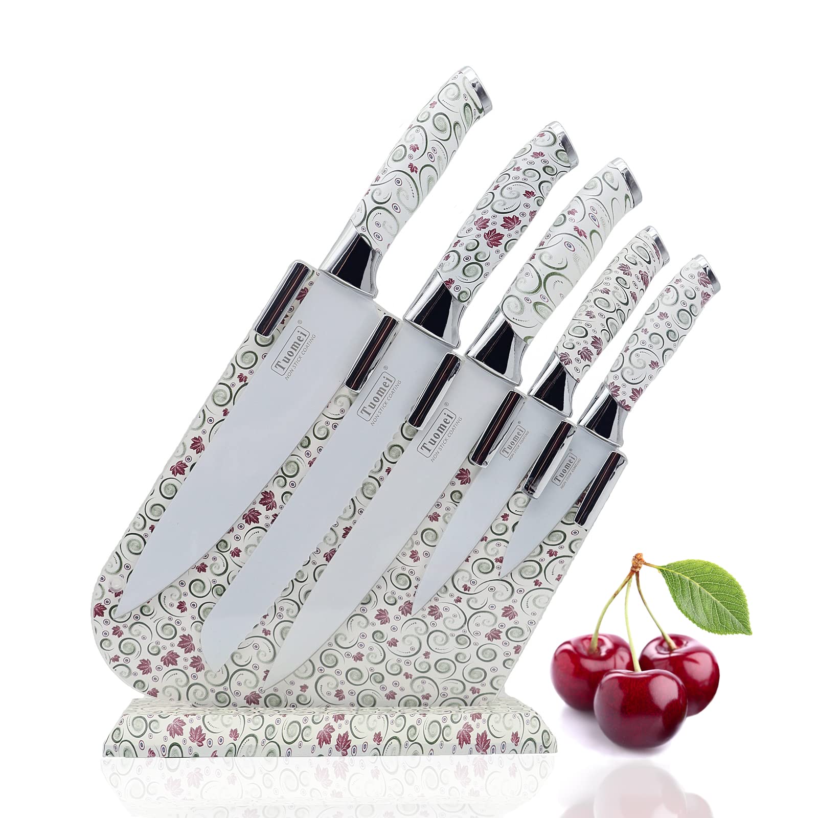 Knife Set for Kitchen, Retrosohoo White 6-Piece Stainless Steel Sharp Block Knife Set with Flower Pattern, Non-stick Non-slip Cooking Knives Set for Cutting Chopping Slicing Dicing