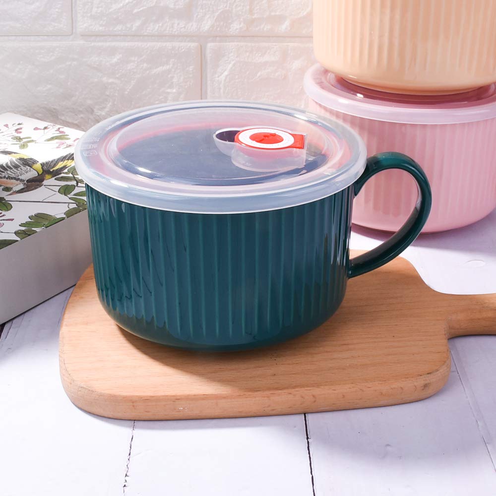 LMRLCS Microwavable Soup Bowl with Handle and Lid, 30.4 OZ Cereal Bowls for Oat Instant Noodles, Snacks (Green)