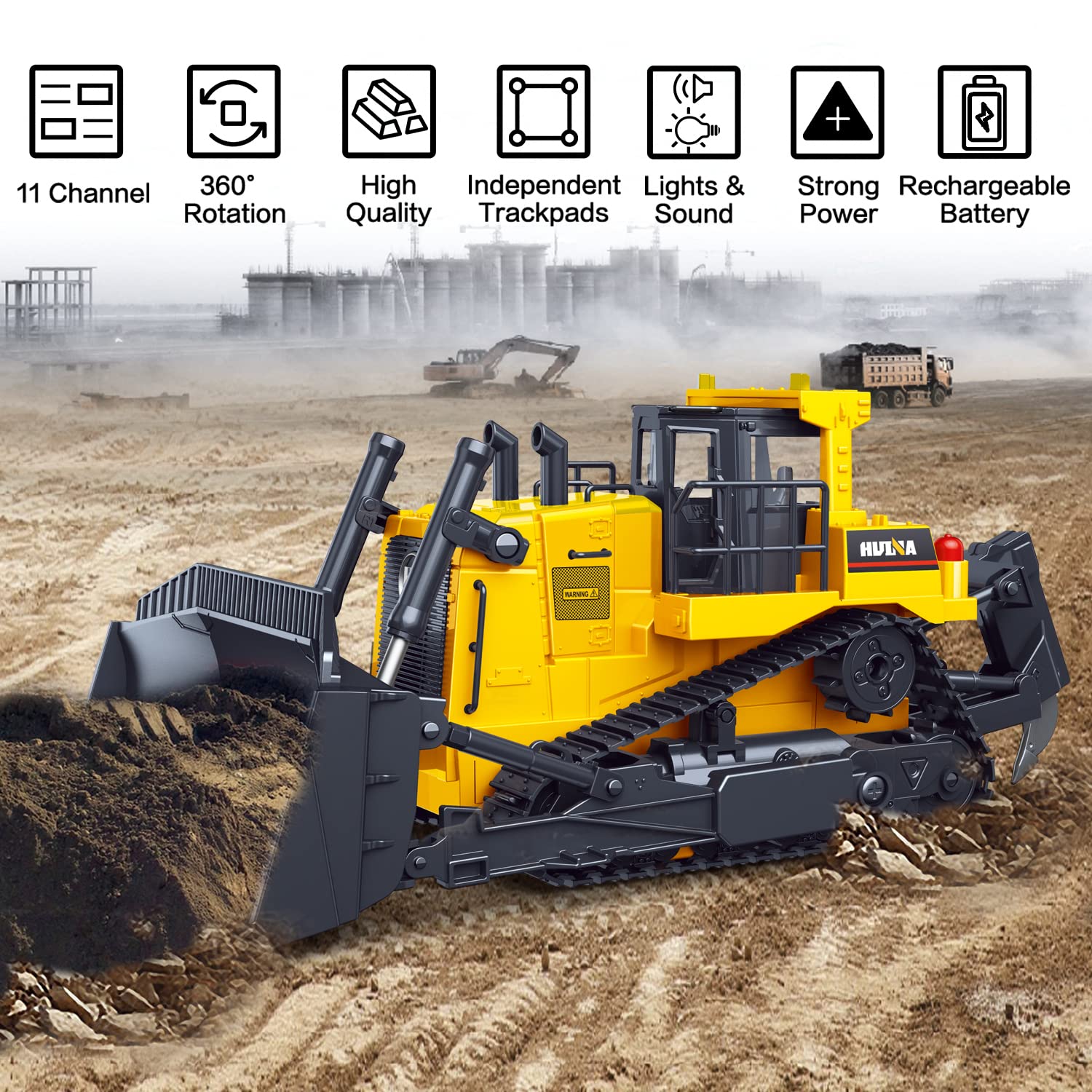 Losbenco RC Bulldozer 1/16 Full Functional Construction Vehicle, 2.4Ghz 11 Channel Remote Control Bulldozer with Light, Sound and Programming Functions for 8, 9, 10 and Up Years Old(Two Batteries)