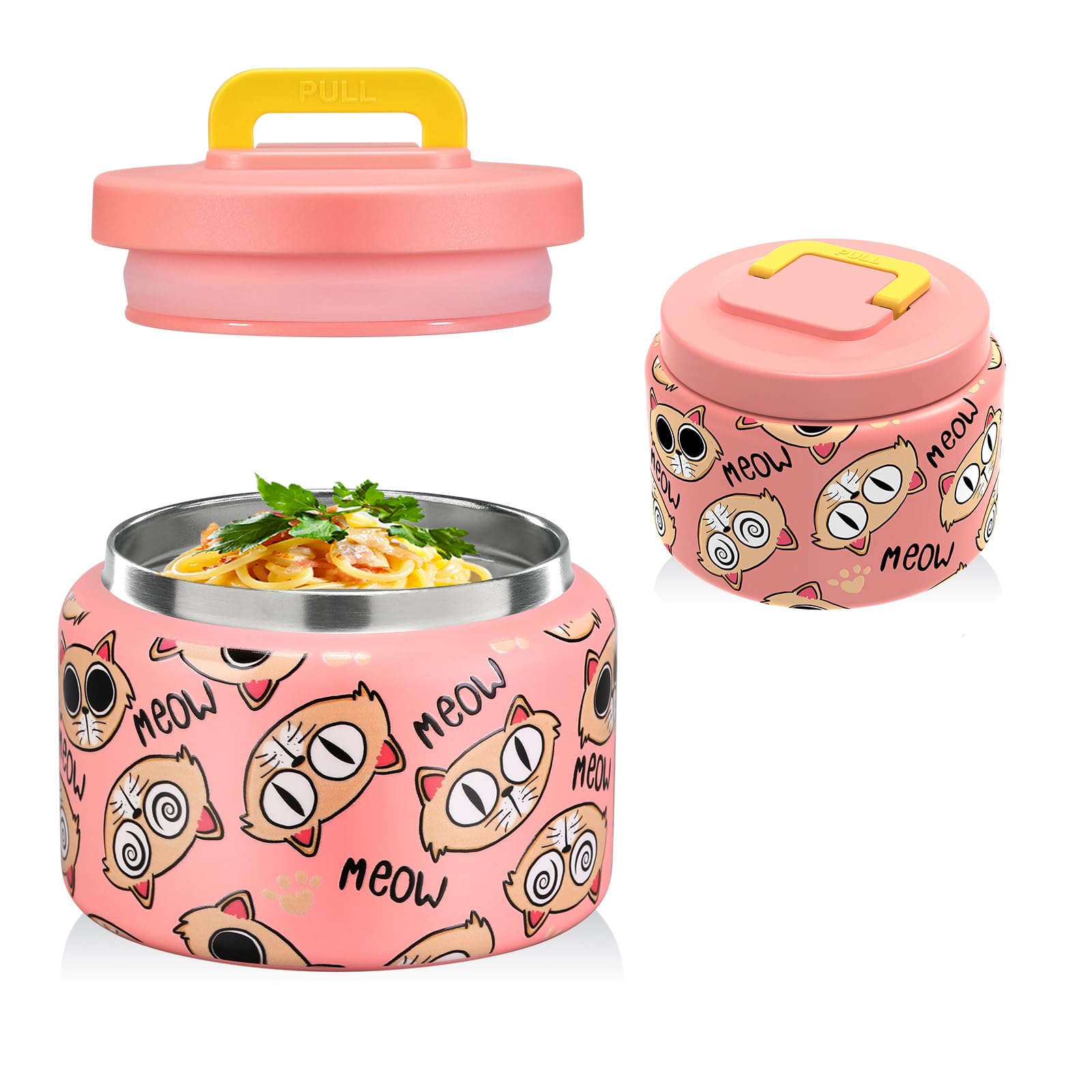 JXXM 8 Oz Thermo Food Jar for Hot & Cold Food for Kids Insulated Lunch Containers Hot Food Jar,Leak-Proof Vacuum Stainless Steel Wide Mouth Lunch Soup thermo for School,Travel (Pink-Cartoon Cat) 1pc