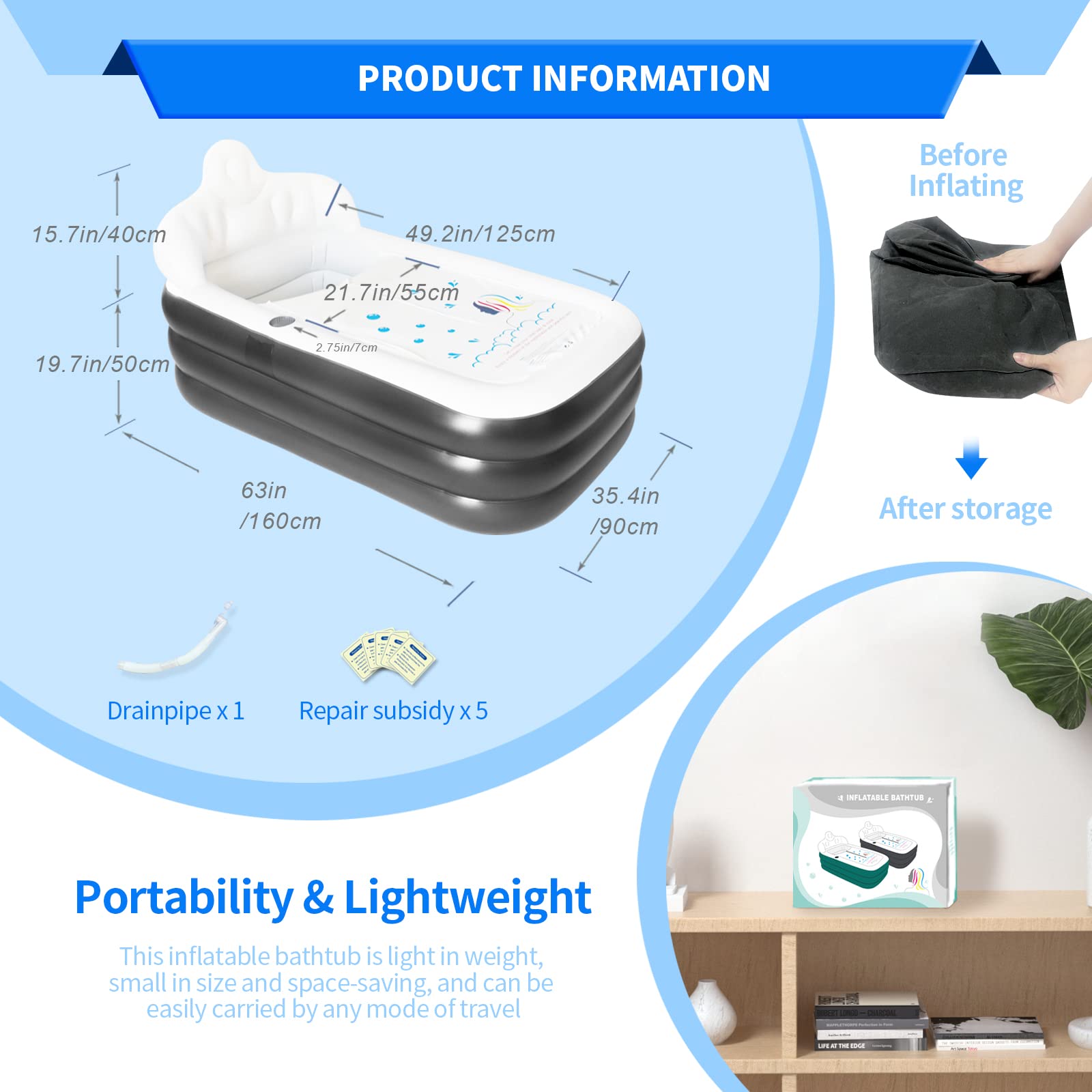 Inflatable Portable Bathtub-Family SPA Freestanding Bathtub with Bath Pillow-Inflatable Bathtub With Neck and Back Support-Suitable For Cold Plunge Tub-Training Tub-Ice Bath & Hot Bath,63''X35''(Grey)