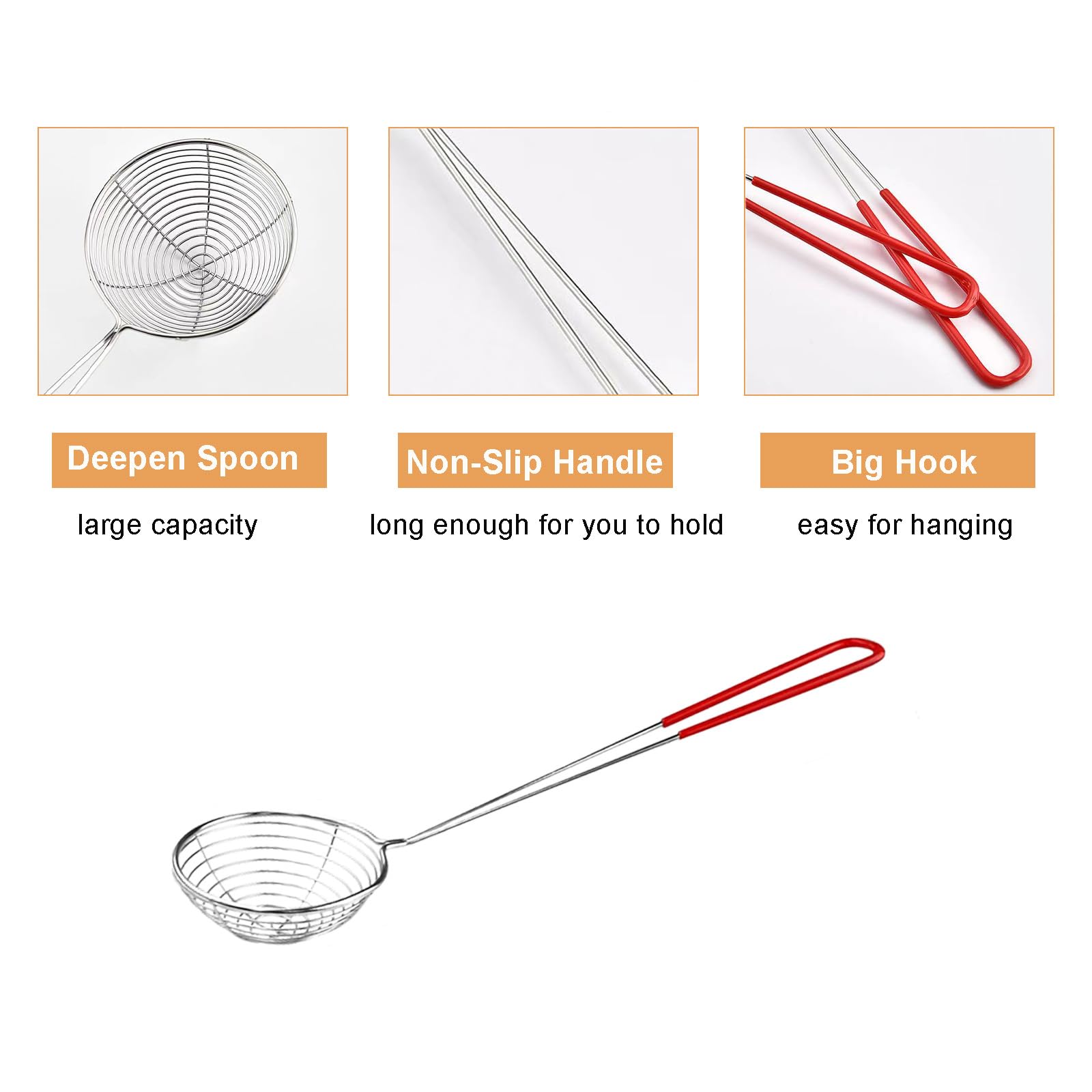 Hot Pot Strainer Spoons, Skimmer Slotted Spoon Boba Pearl Scoop, Stainless Steel Spider Strainer Spoon Small Wire Skimmer Colander with Handle, Mini Mesh Skimmer Spoon (3.15inch, red)