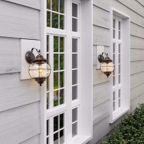 LNC Exterior Porch Light Fixture,17" Large Size Globe Seeded Glass & Metal Cage Frame for Garage, Hallway and Patio, Rustic Bronze Outdoor Wall Sconce