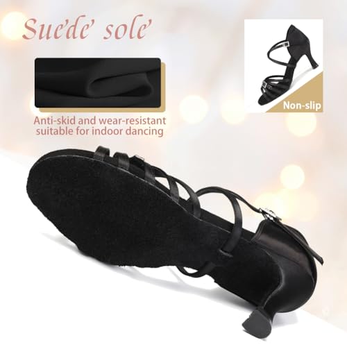 JUODVMP Women's Latin Dance Shoes Black Satin Open Toe 3 inch Heel Ballroom Salsa Dance Sandals with Suede Sole,8US