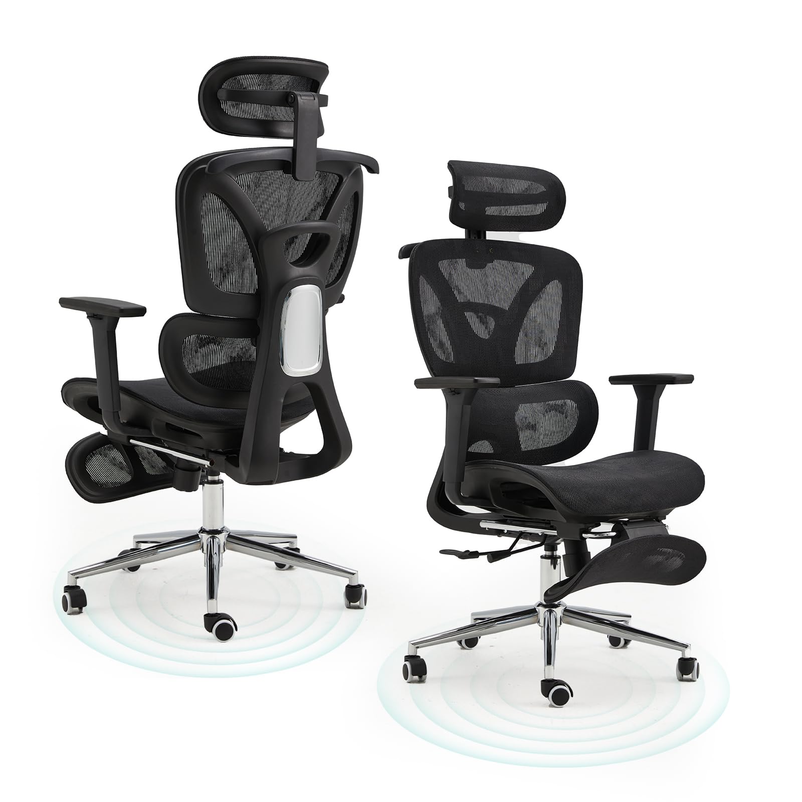 Office Chair Ergonomic Desk Chair, High Back Office Chair with Lumbar Support, Mesh Desk Chair with Adjustable Headrest Tilt Function and PU Wheels for Home Office Study and Work (Black)