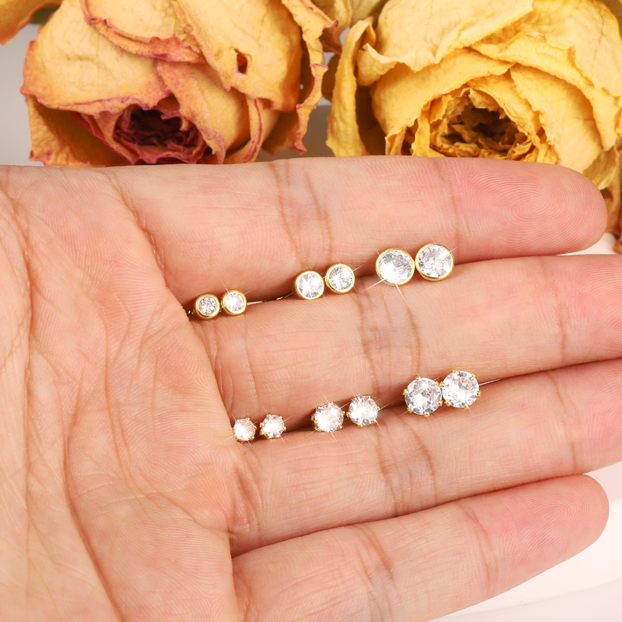 Gold Cubic Zirconia Earrings Studs for Women 14K Gold Plated Stud Earrings Set Hypoallergenic Tiny Studs for Girls(6 Pairs)