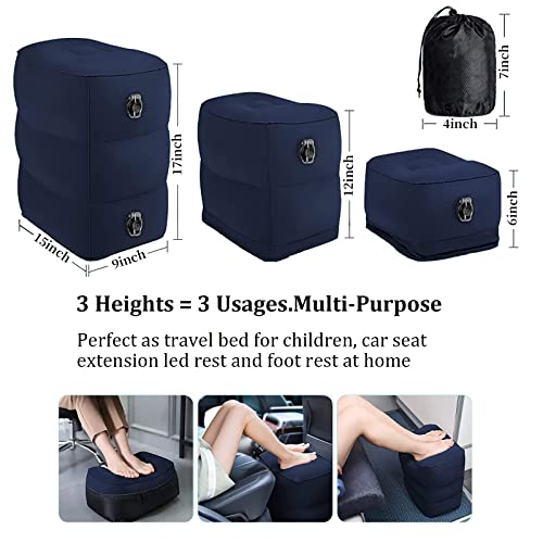 Inflatable Travel Foot Rest Pillow Portable Three Height Layers Adjustable Foot Stool Pillow for Kids & Adults on Plane,Car,Train,Office use Inflatable Foot Rest (Blue)