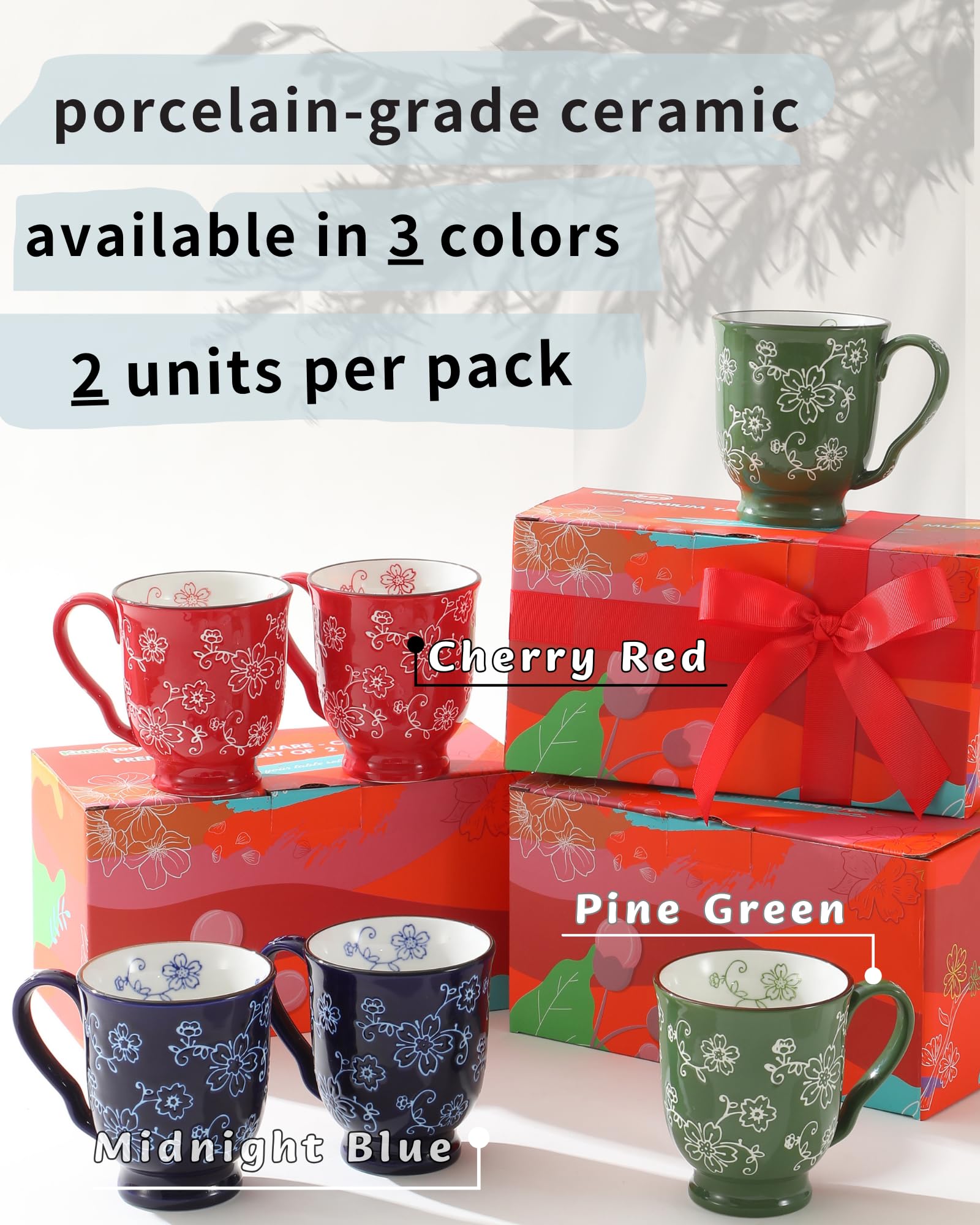 KUNABOO Artisanal Ceramic Mugs, Ceramic Coffee Cups, Coffee Mug Set of 2-11 oz -Sakura Floral Series Midnight Blue - Ready to Wrap Gift
