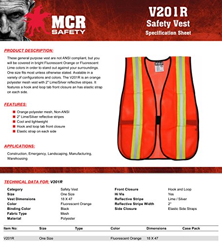 MCR Safety V201R Polyester Mesh General Purpose Safety Vest with 2-Inch Lime/Silver Reflective Stripe, Fluorescent Orange