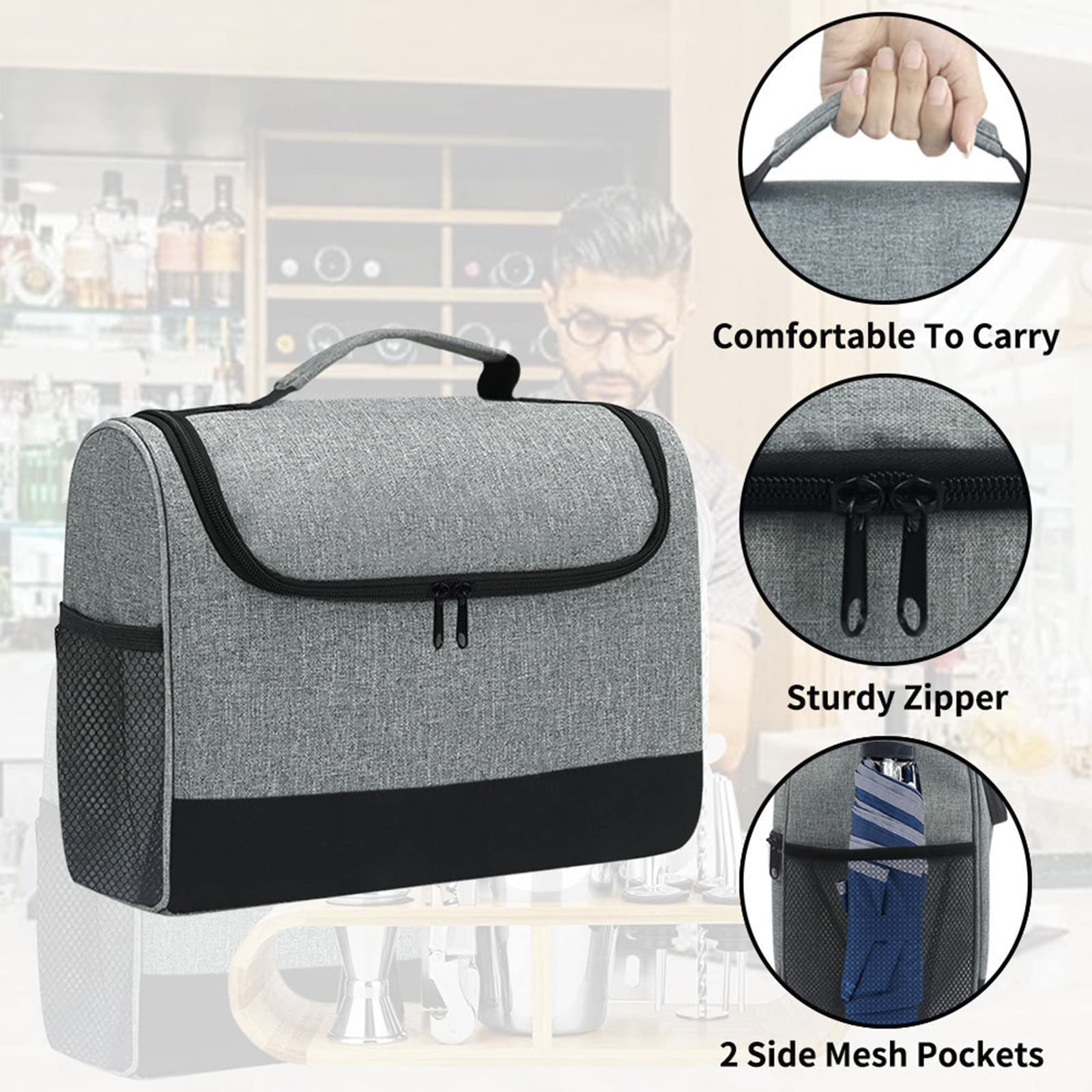 Jaugufiy Canvas Bartender Bag, Portable Travel Carrying,Cocktail Shaker Tool Set Travel Carrying Bag with Handle, Portable Travel Bar Carrier for Bar Kit, Bag Only(Grey)