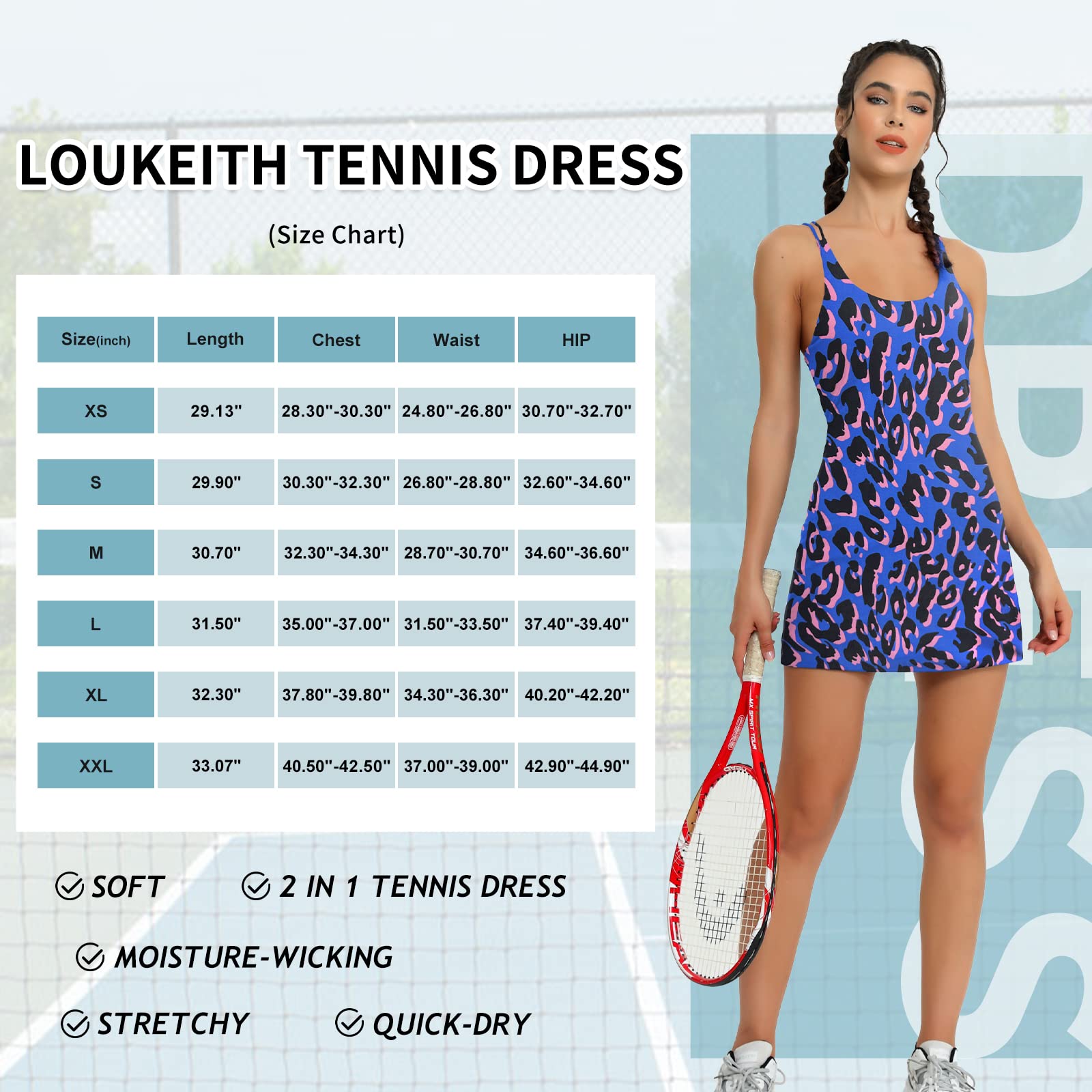 LouKeith Womens Tennis Dress with Built in Shorts & Bra Exercise Workout Sleeveless Athletic Golf Dresses with Pockets Leopard Print M