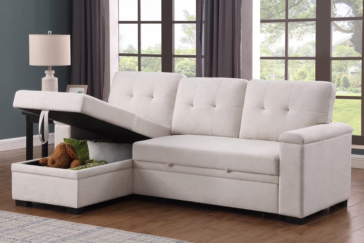 Lilola Home Lucca II 84.5" W Beige Woven Fabric Reversible Sleeper Sectional Sofa with Storage Chaise and Pocket Coil Seating