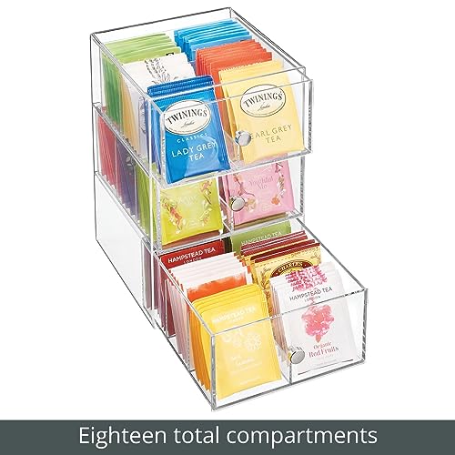 mDesign Plastic Wide Kitchen Pantry, Cabinet, Countertop Organizer Storage Station with 3 Drawers for Coffee, Tea, Sugar Packets, Sweeteners, Creamers, Drink Pods, Packets; 18 Sections, 2 Pack - Clear