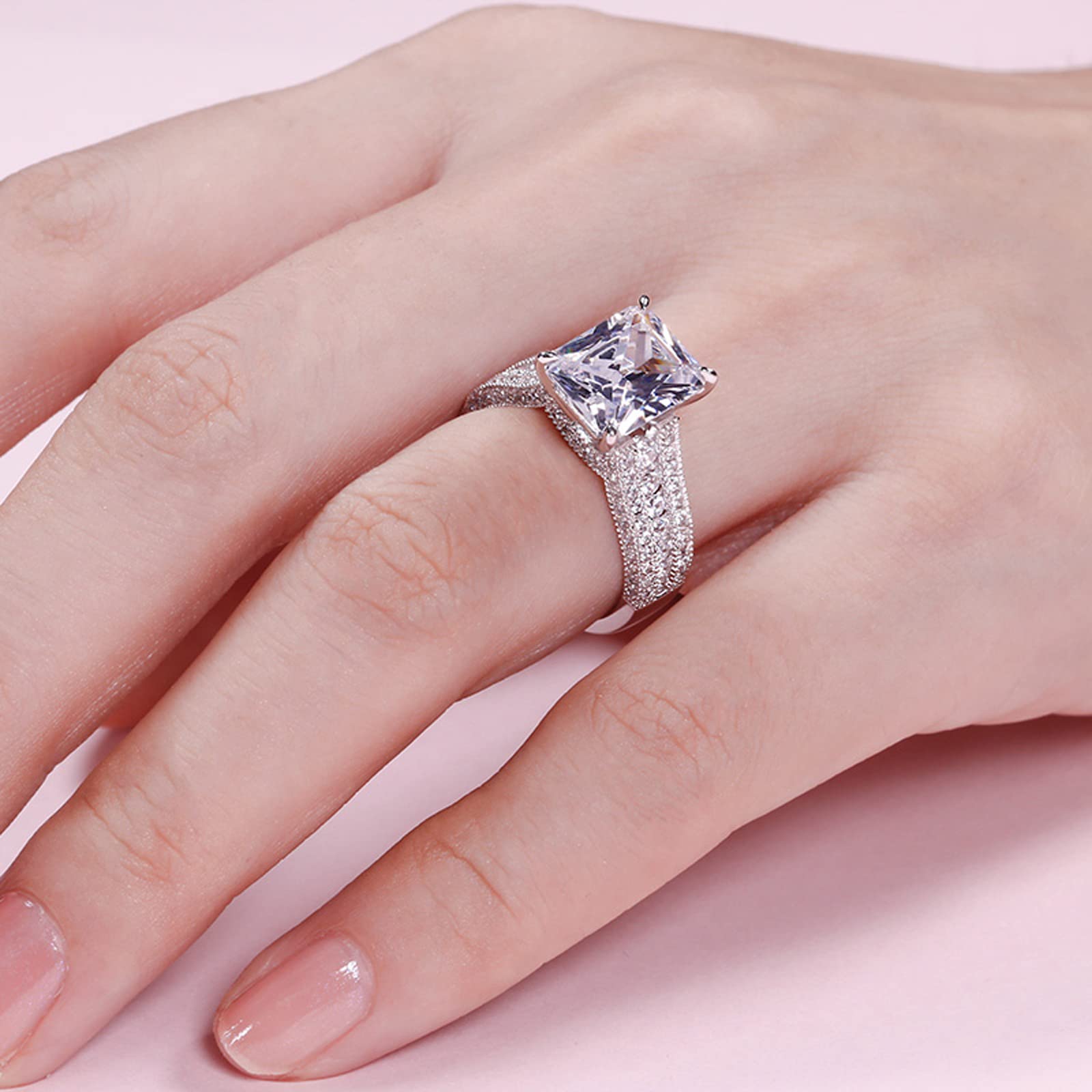 Jeulia Classic Radiant Cut Wedding Ring:Sterling Silver Halo Diamond Bridal Set Engagement Band Best Anniversary Promise Valentines Jewelry Gift with Box (White diamond, 6.5)