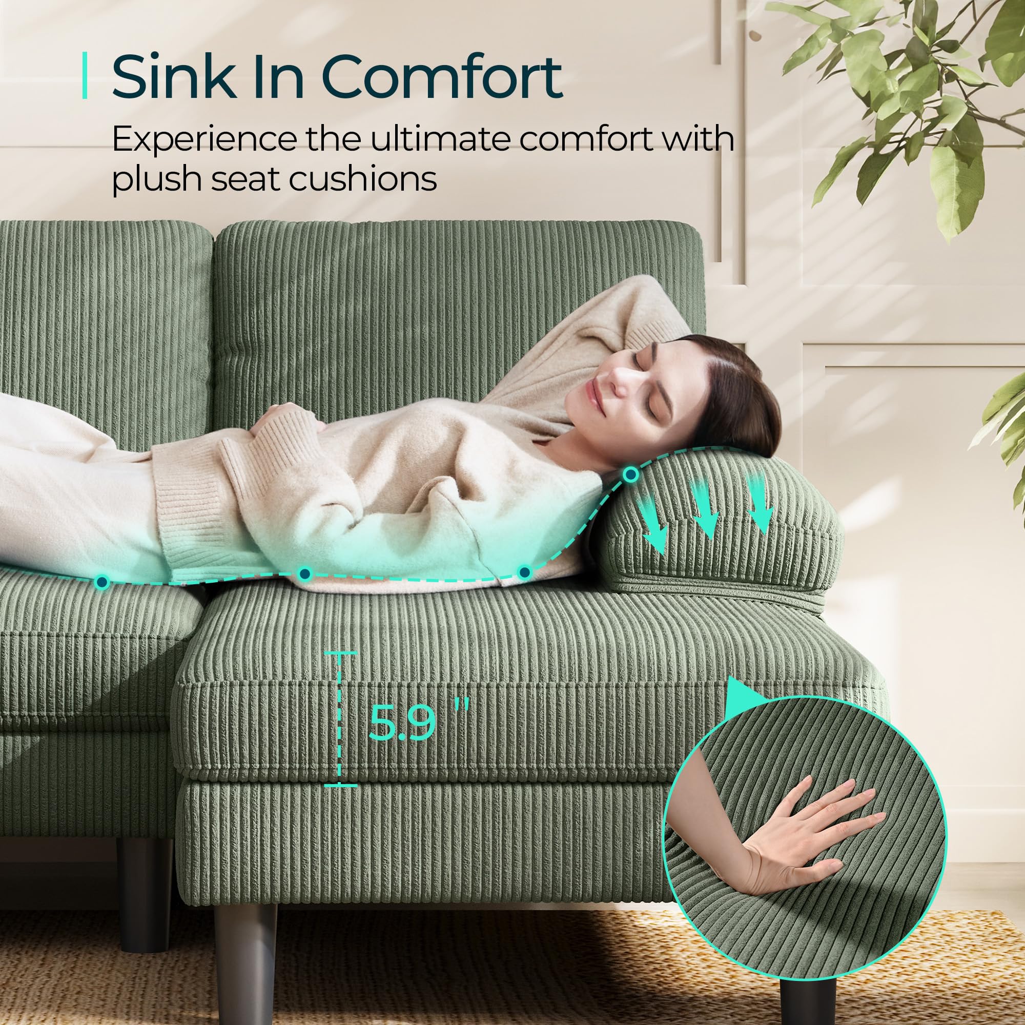 LINSY HOME U Sectional Couch, 111'' W Corduroy Sofa with Sleepable Armrests, 4 Seat Couch with Double Chaises, Deep Sofa for Living Room, Yellow