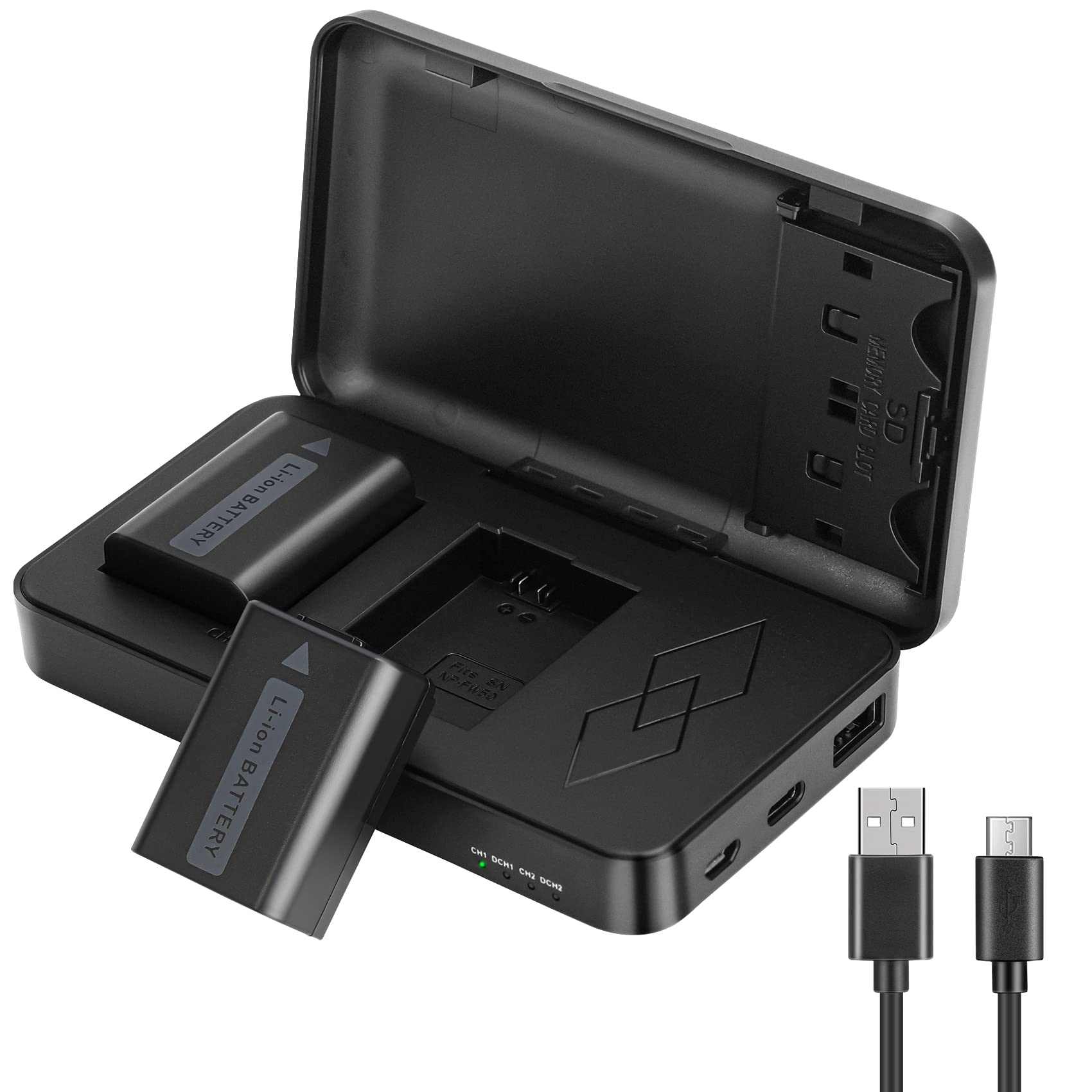JYJZPB NP-FW50 Replacement Battery Charger Set Dual Channel Compatible for Sony Alpha A6000 A6400 A6500 A6300 A6100 ZV-E10 A7 A7II A7RII A7SII A7S A7S2 A7R A7R2 A5100, Camera Batteries Charger Case