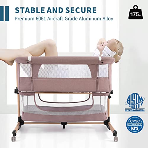 Ihoming Baby Bassinet Bedside Sleeper, 3 in 1 Convertible Design, lnfant Bed & Bed Side Sleeper & Cradle Bassinets, Newborn Bedside Crib Attaches to Bed, Khaki