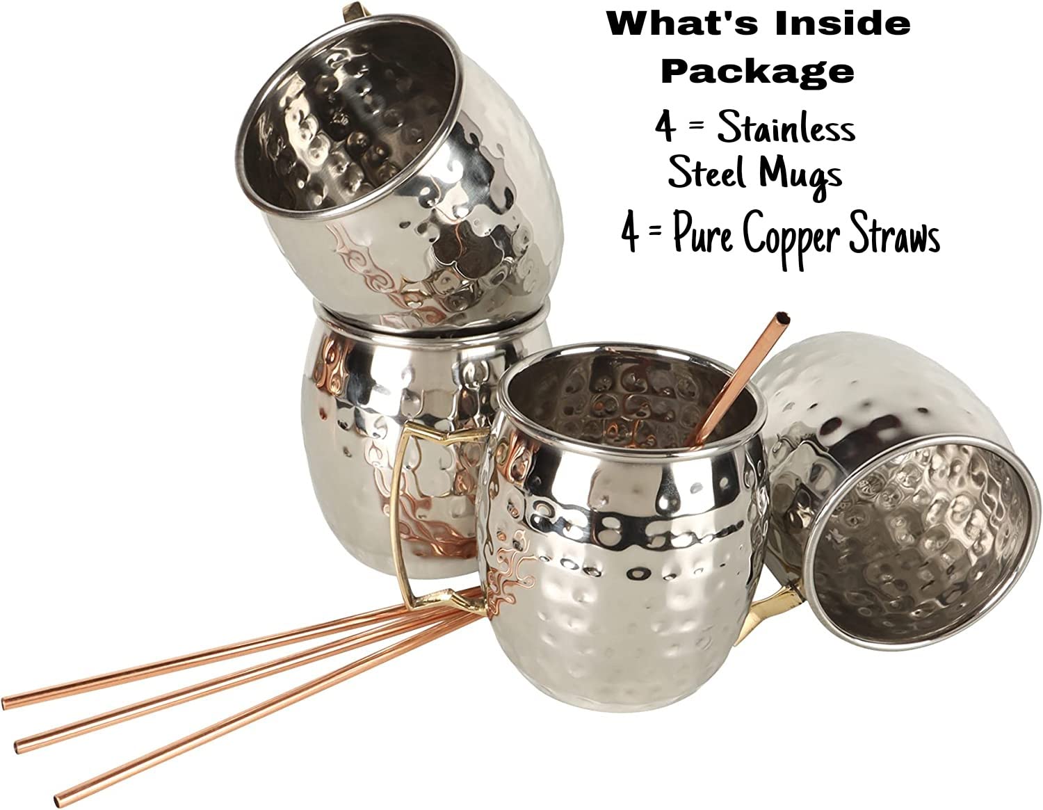 JYPR Complete Moscow Mule Mugs 8pc Set - Large 18oz Hammered Steel Mugs with Gold Brass Handles - Includes 4X Copper Straws - Food Grade Safe Steel Interior