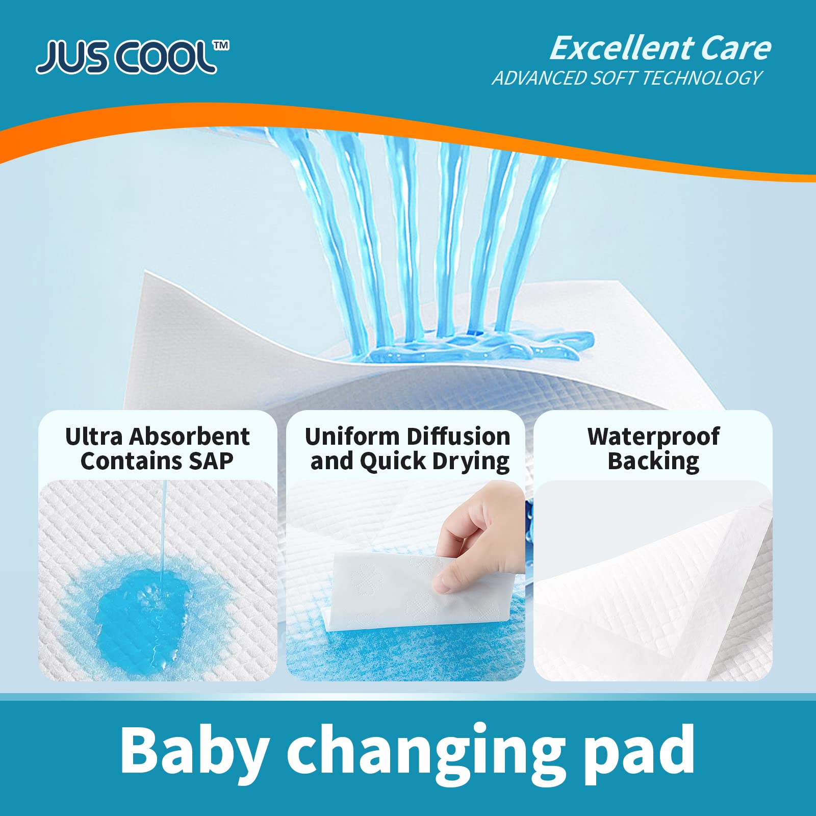 JUS COOL Baby Disposable Changing Pads, 13βx 18β(200+1 Count) Underpads Portable Diaper Changing Pads, Soft Bed Pads Ultra Absorbent and Waterproof