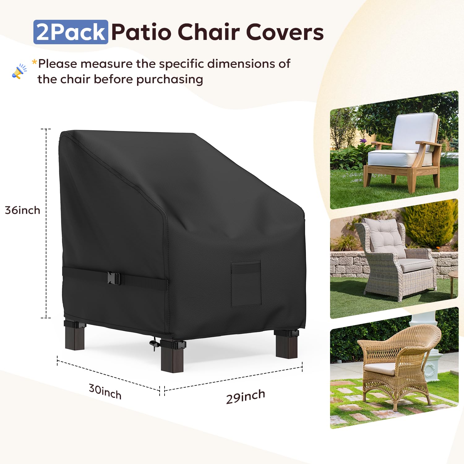 Outdoor Chair Covers For Patio Furniture Waterproof, Gorpche Patio Chairs Covers with Fastener Windproof Buckle Straps, Heavy Duty Lawn Outdoor Furniture Covers fits up to 29 x 30 x 36 inches(2 Pack)