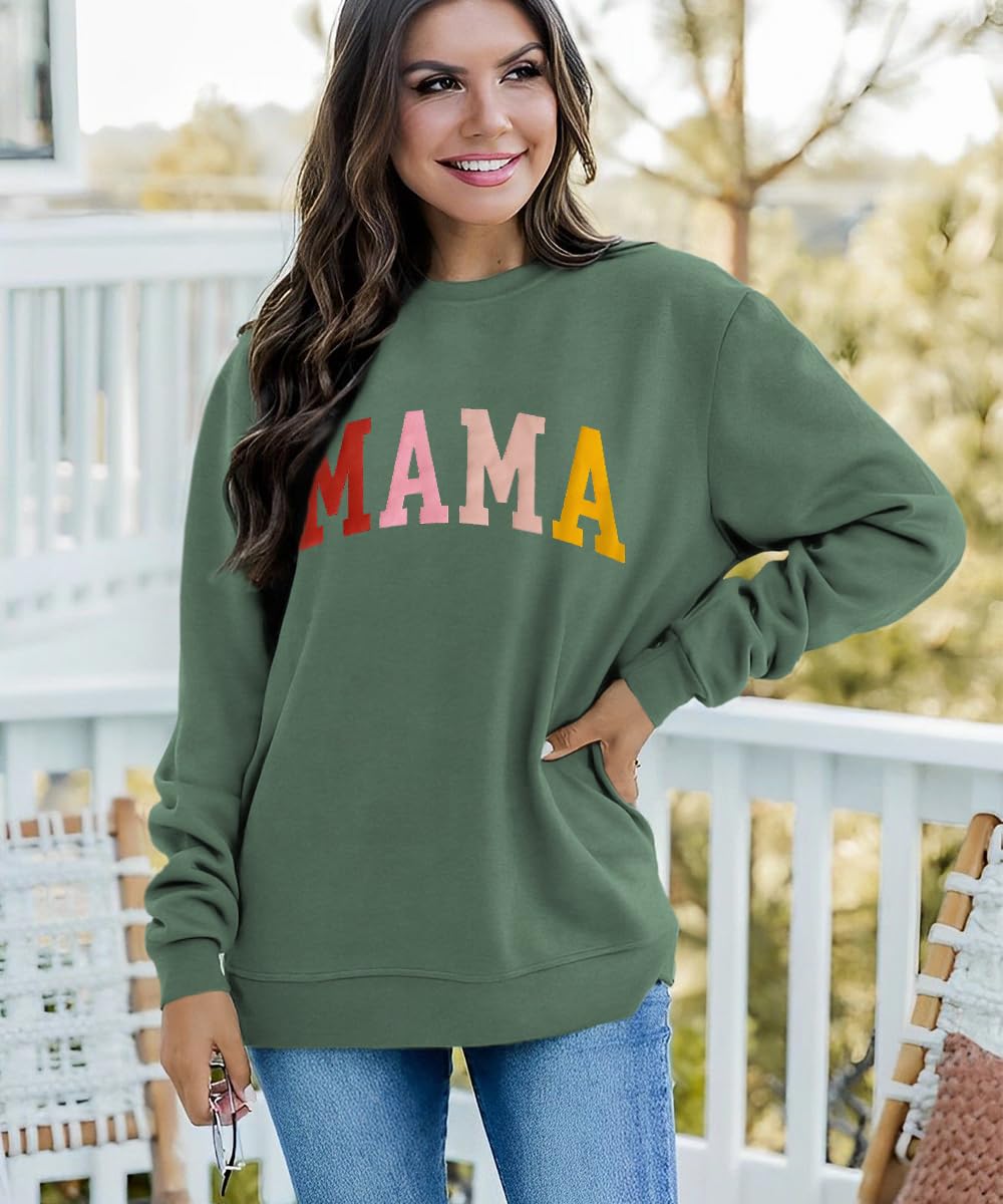 KEKEMI Mama Sweatshirt For Women Crewneck Mama Letter Print Pullover Tops Long Sleeve Mom Life Shirts Casual MAMA Graphic Top(Green-05,Small