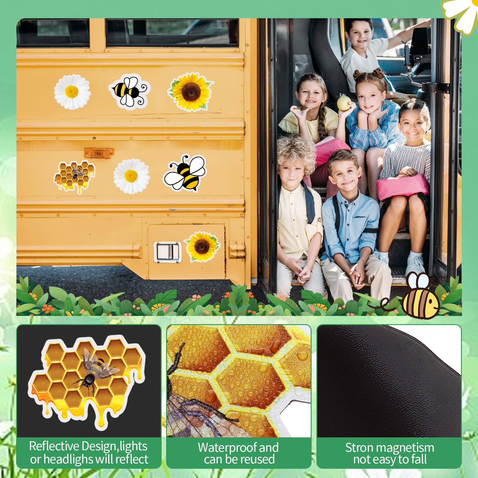 Hoteam 12 Pieces Car Magnets Sunflower Magnet Bee Honeycomb Daisy Flower Bee Magnets Cute Reflective Waterproof Honeybee Magnetic Stickers for Refrigerator Vehicles Whiteboard Locker Fridge Decor