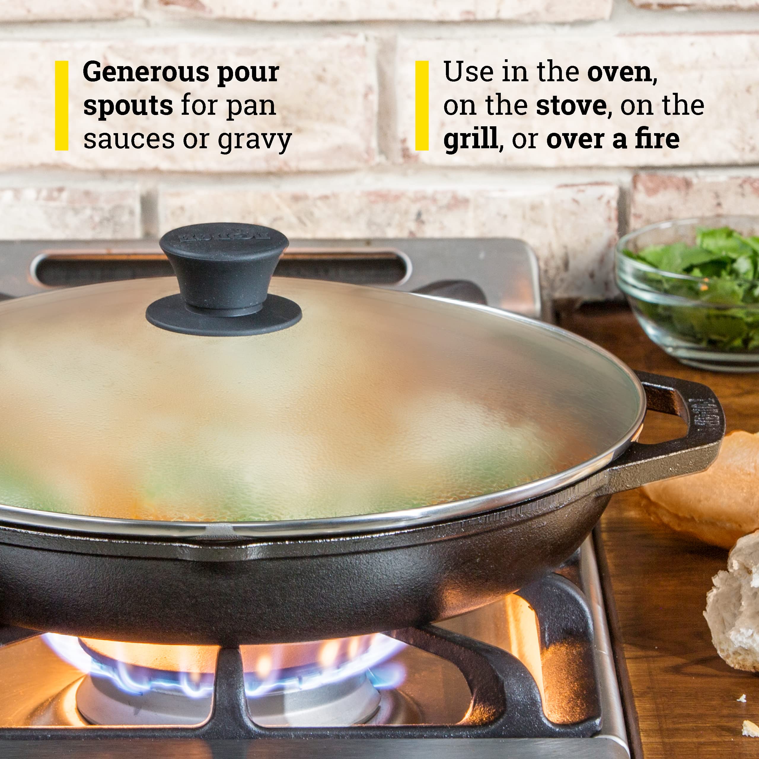 Lodge 12 Inch Cast Iron Everyday Pan - Chef Collection - Use on Oven, Stove, Grill, or Fire - Easy to Clean - Cast Iron Pan with Lid - Durable Cookware