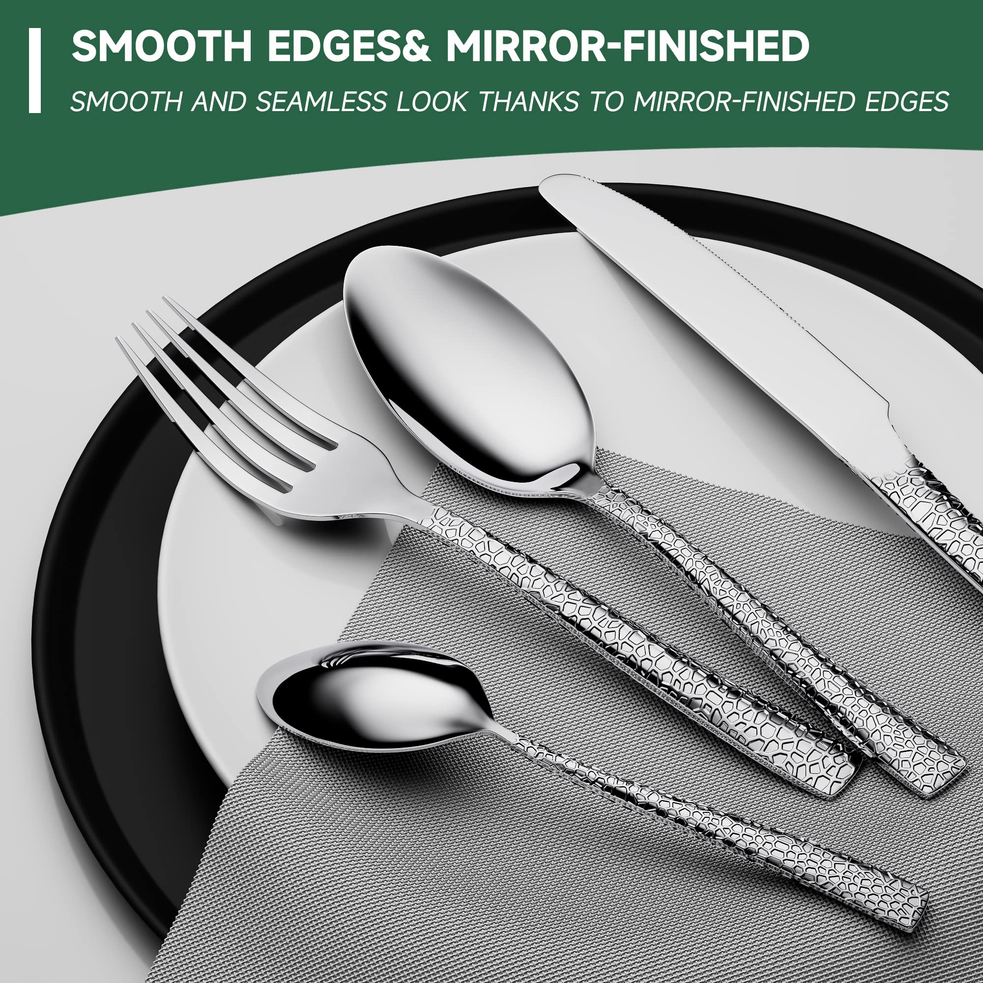 Hammered Silverware Set for 6, Stainless Steel Eating Flatware Cutlery Set 24-Piece for Home Kitchen Hotel Restaurant Party, Mirror Finished&Dishwasher Safe (Silver)