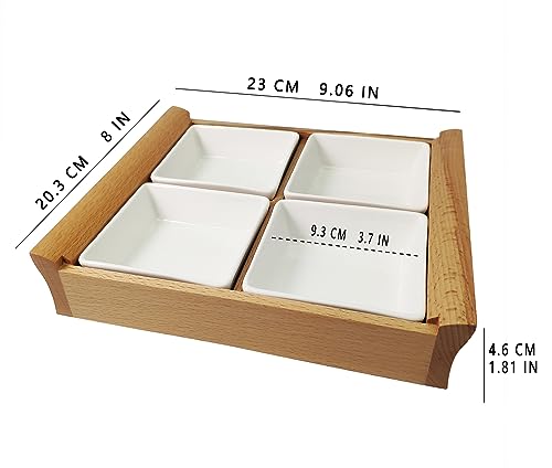 Jinsongdafa Wood Pallet Porcelain Divided Serving Dishes, Appetizer, Relish Tray, Serving Bowls for Parties - Perfect for Chips and Dip, Veggies, Candy and Snacks | Reusable (4 Cells Platters)