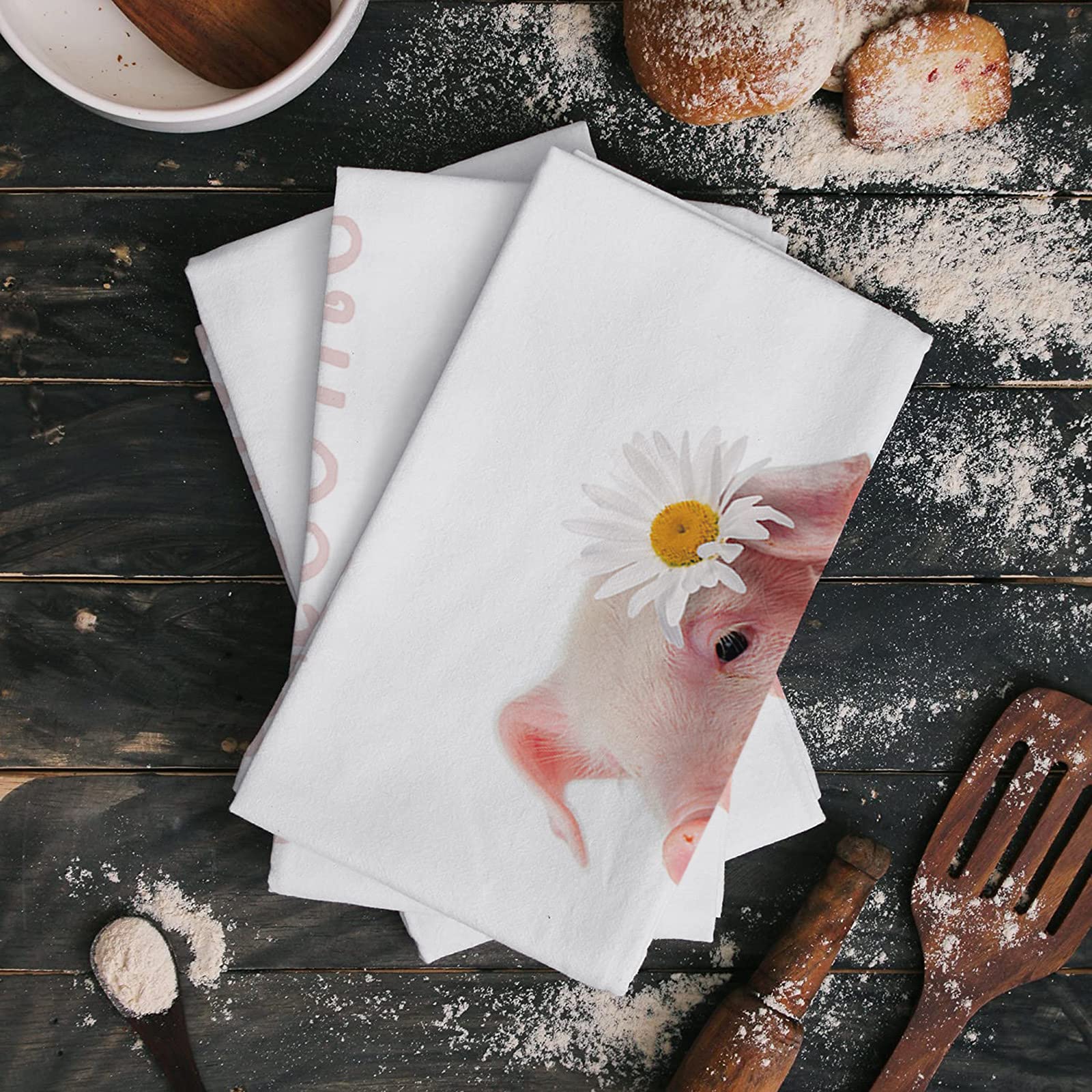Kitchen Towels Set Farmhouse Pig Dish Towel Blue Wood Grain Dishcloths 2 Pack, 18x28 Inches Absorbent Soft Cotton Dish Cloths Bar Towels & Tea Towels