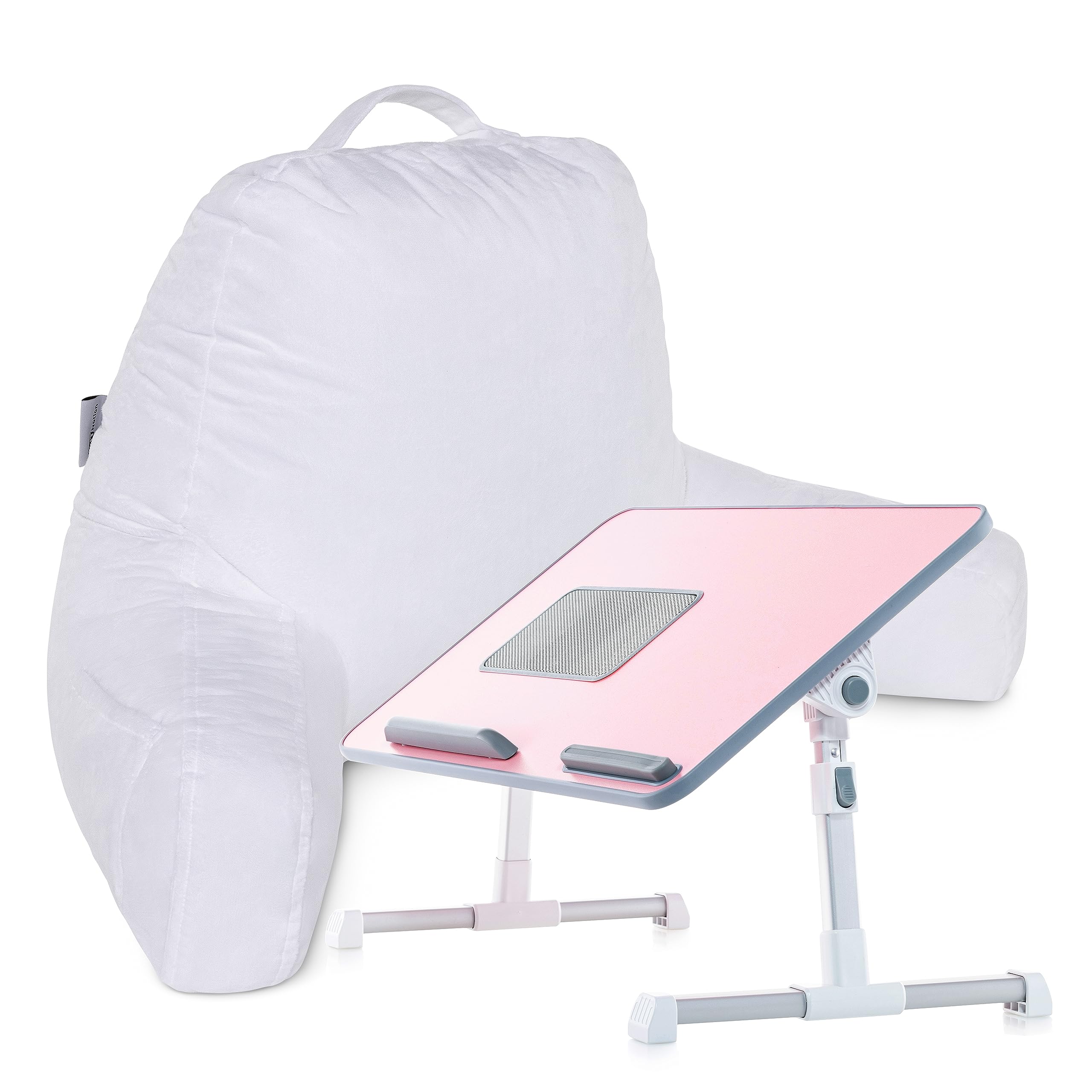 Husband Pillow Combo - Backrest Pillow with Arms : Standard White & Lap Desk Bed Tray : Pink - Memory Foam Reading Pillows for Bed & Laptop Bed Tray Table