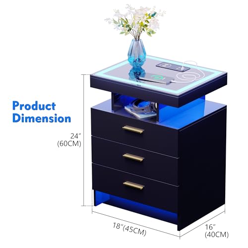 Lvifur 2 Set Nightstands with Wireless Charging Station, Auto Sensor 3 Color Dimmable LED Night Stand, Modern Bedside Table with 3 Drawers & 3 Open Compartments (2 x Black)