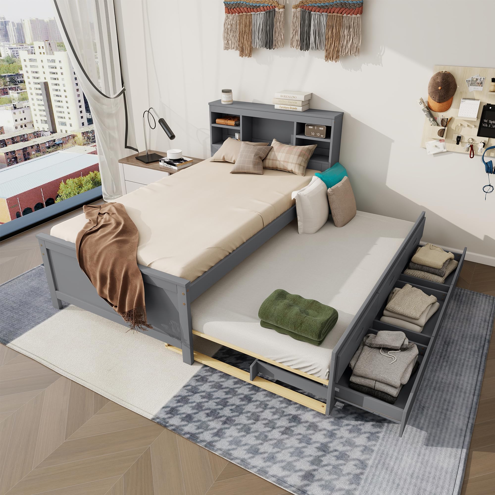 LUSPAZ Full Size Platform Bed Frame with Storage Headboard, USB Charging Station, Twin Size Trundle and 3 Drawers for Bedroom and Apartment, Wood Bed Frame, No Box Spring Required,Easy Assembly,Gray
