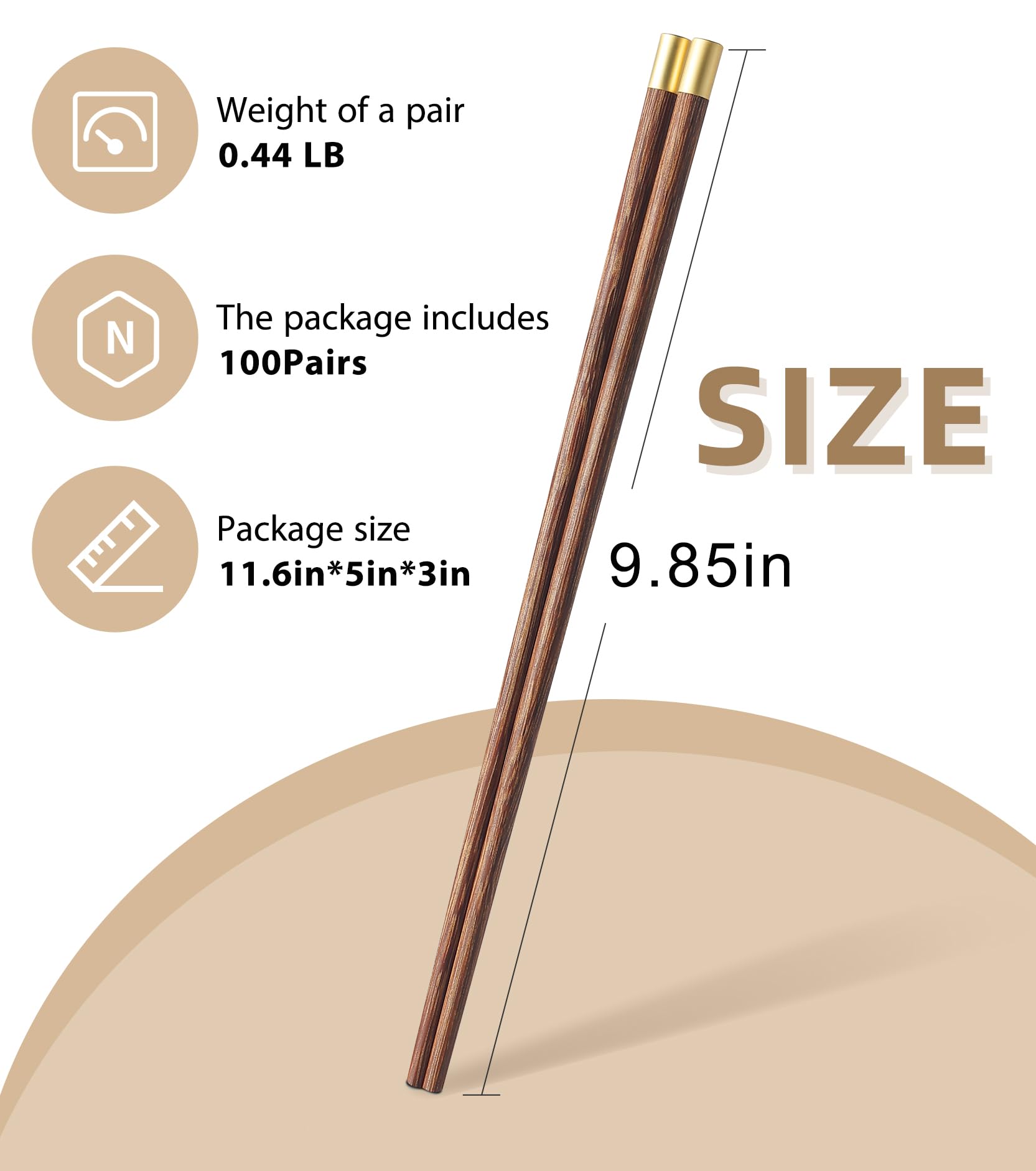 LOROTOCO 100 Pairs Wooden Chopsticks | Reusable | Dishwasher Safe | Bulk | Chinese- (9.84in)