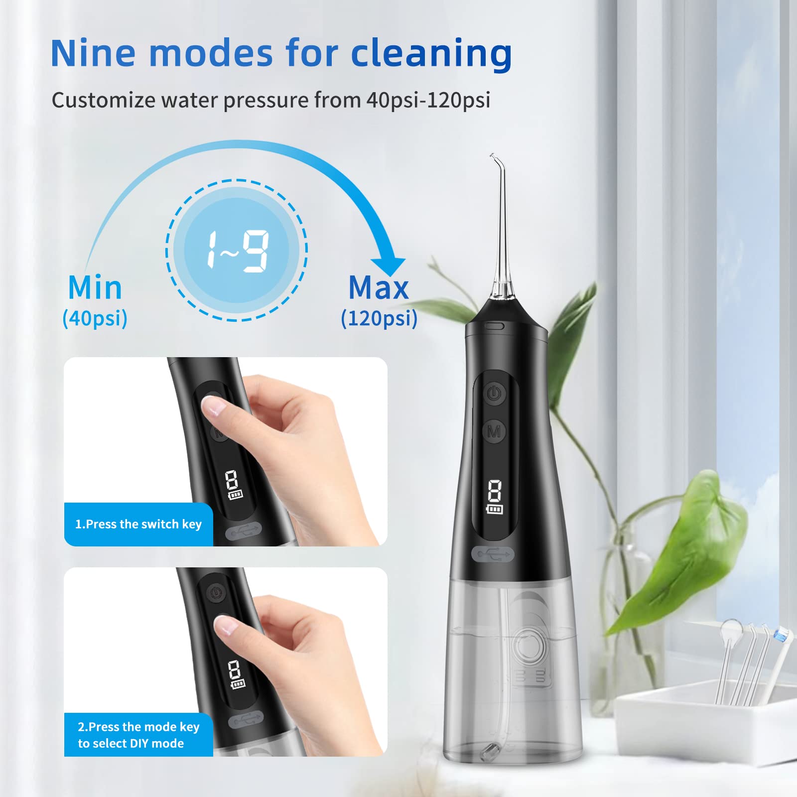 LVLAM Water Flosser Portable Dental Oral Irrigator with 9 Modes, 4 Replaceable Jet Tips, Rechargeable Waterproof Teeth Cleaner for Home and Travel -350ml Detachable Reservoir (Black)
