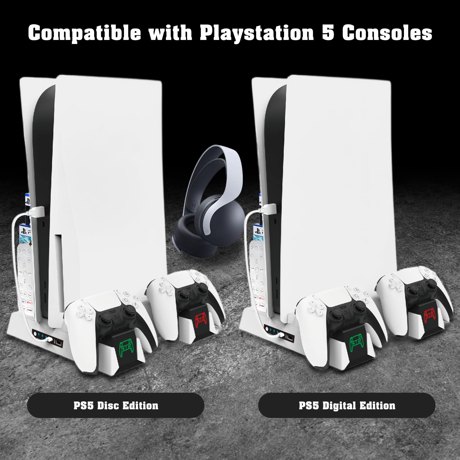 Ideashop PS5 Stand with Cooling Fan and Dual Controller Charger Station, PS5 Vertical Stand for Playstation 5 PS5 Console, with Headset Stand, 3 Levels Adjustable Fans Speed, 11 Game Rack Organizer